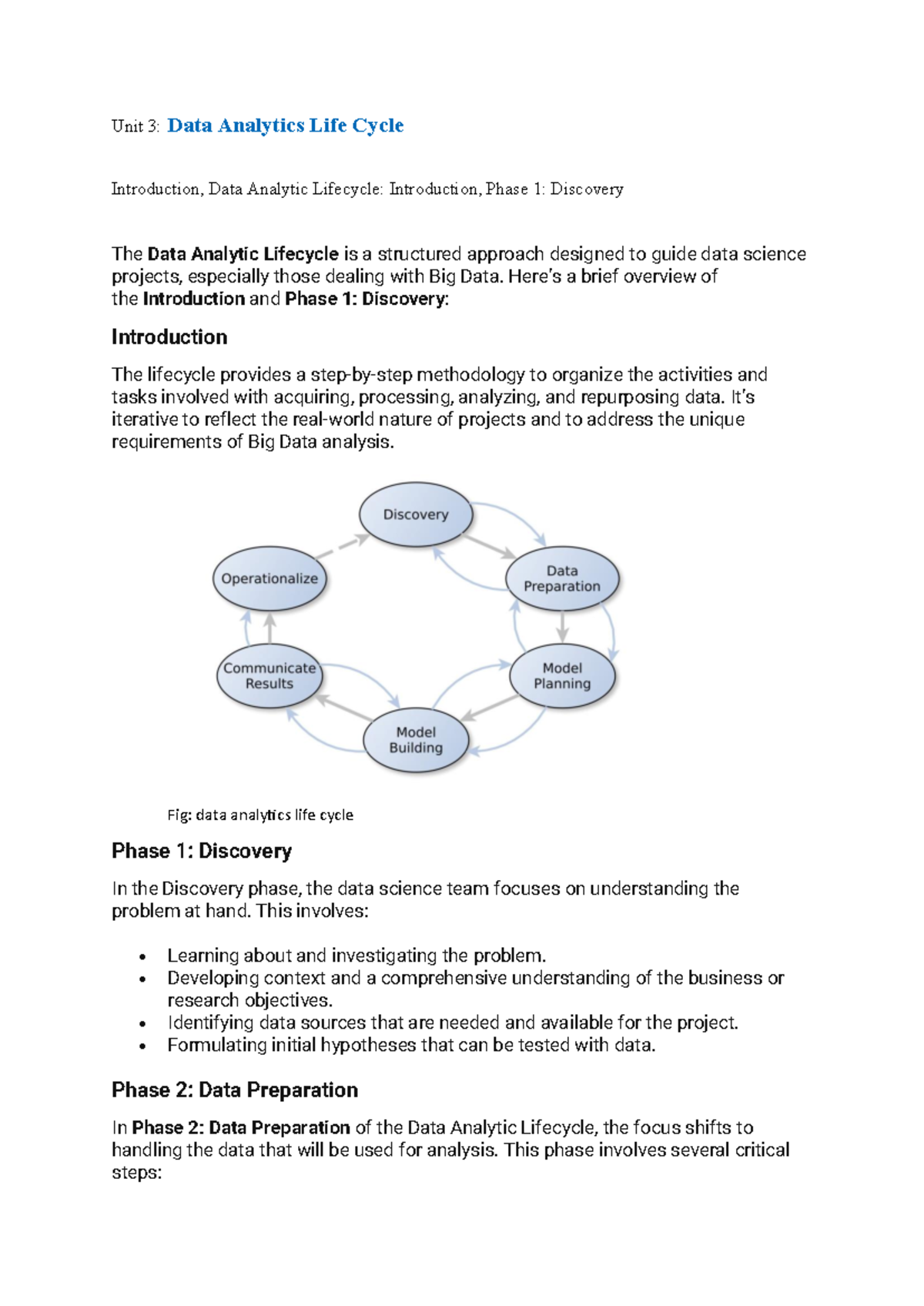Unit 3 - notes - Unit 3: Data Analytics Life Cycle Introduction, Data ...