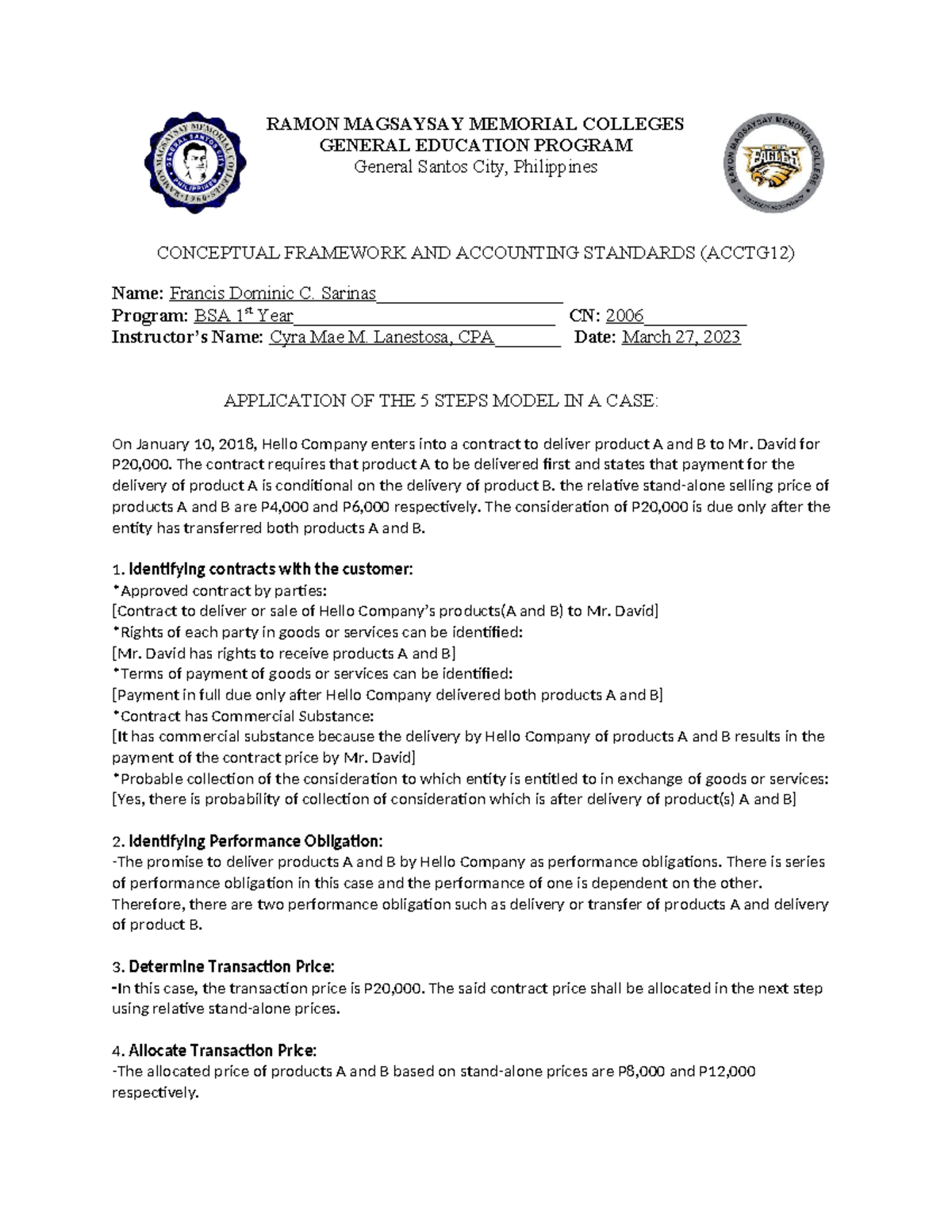 CFAS 5 STEP Model Application - RAMON MAGSAYSAY MEMORIAL COLLEGES GENERAL EDUCATION PROGRAM ...