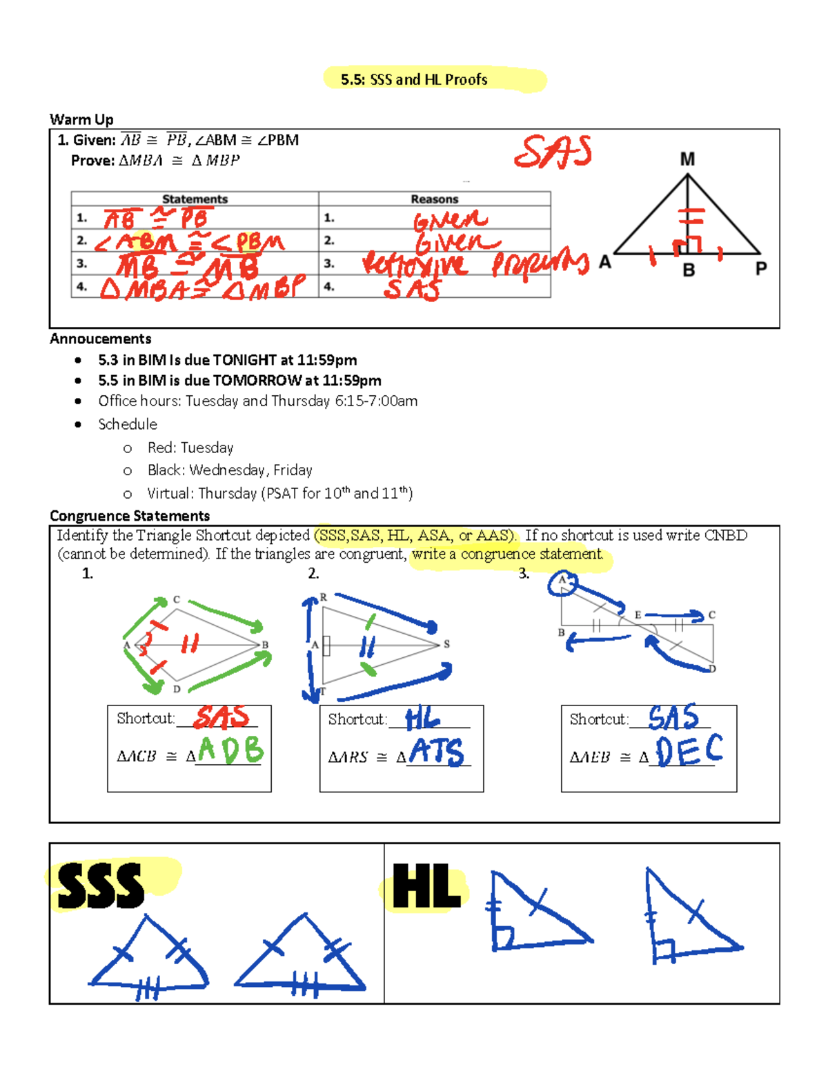 Geo X 5.5 SSS and HL Proofs - 5: SSS and HL Proofs Warm Up Given: !" ≅ &" , ∠ABM ≅ - Studocu
