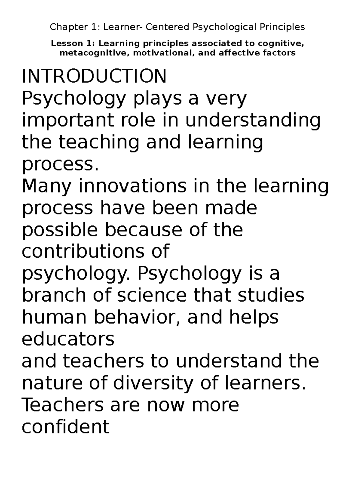 Chapter 1 Lesson 1-2 - Facilitating learner-centered teaching involves ...