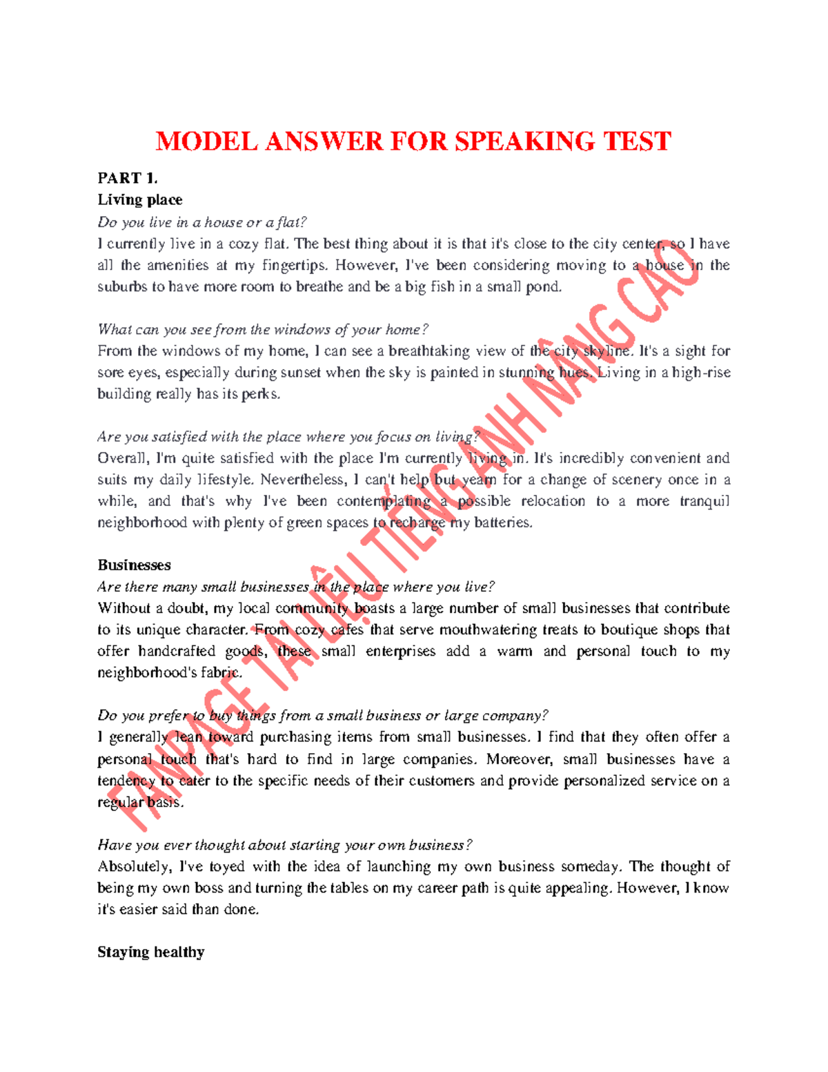 Model Answer FOR Speaking TEST - MODEL ANSWER FOR SPEAKING TEST PART 1 ...