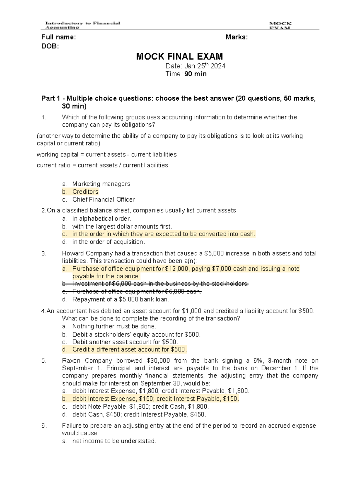 FA Mock Final Exam - accounting - Full name: Marks: DOB: MOCK FINAL ...
