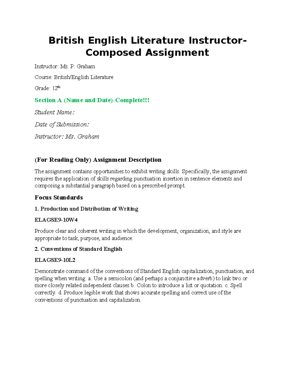 Sem 2 Sch Yr 23-24 A British Literture Instructor Assignment - British ...