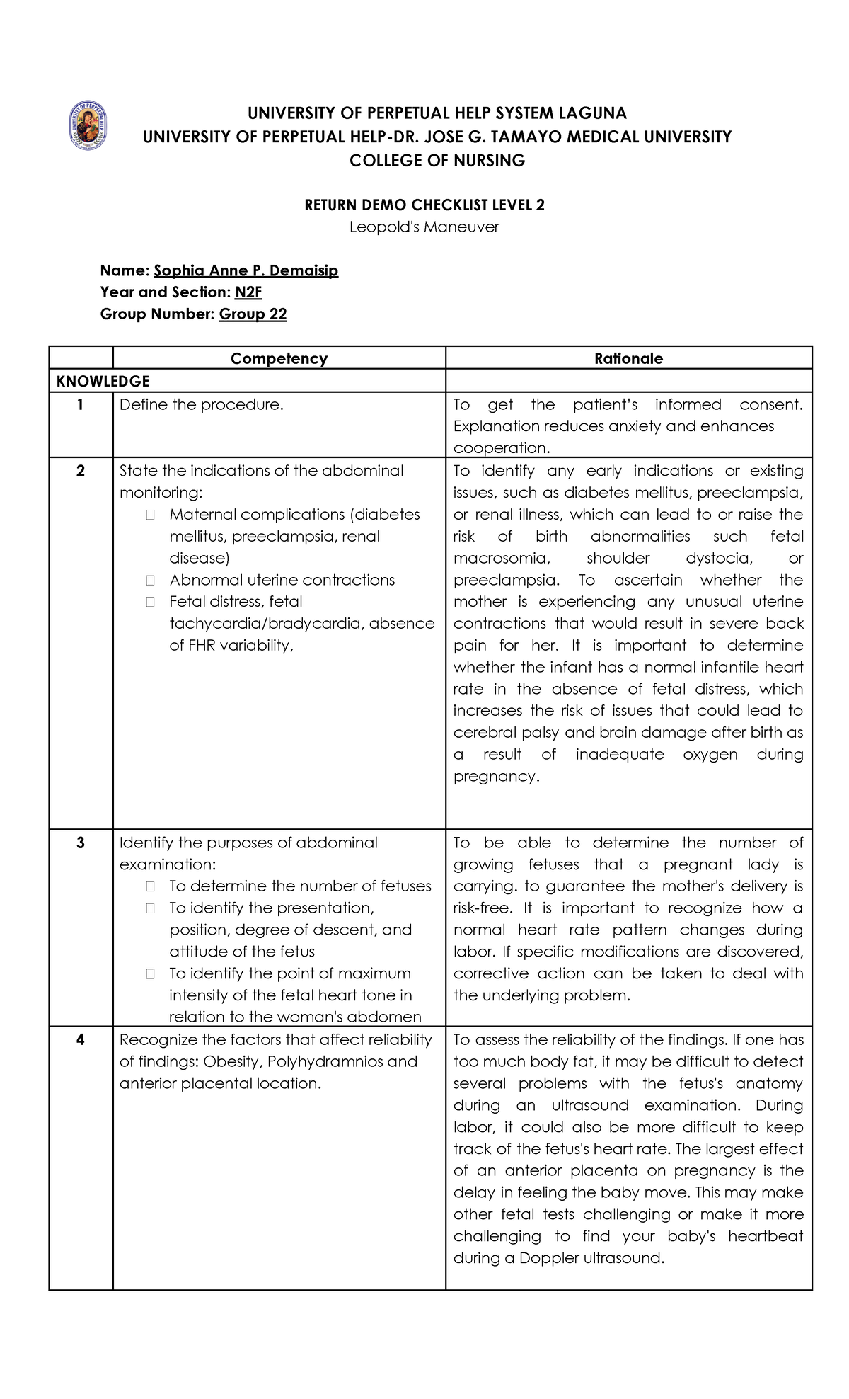 Return Demonstration - UNIVERSITY OF PERPETUAL HELP SYSTEM LAGUNA ...