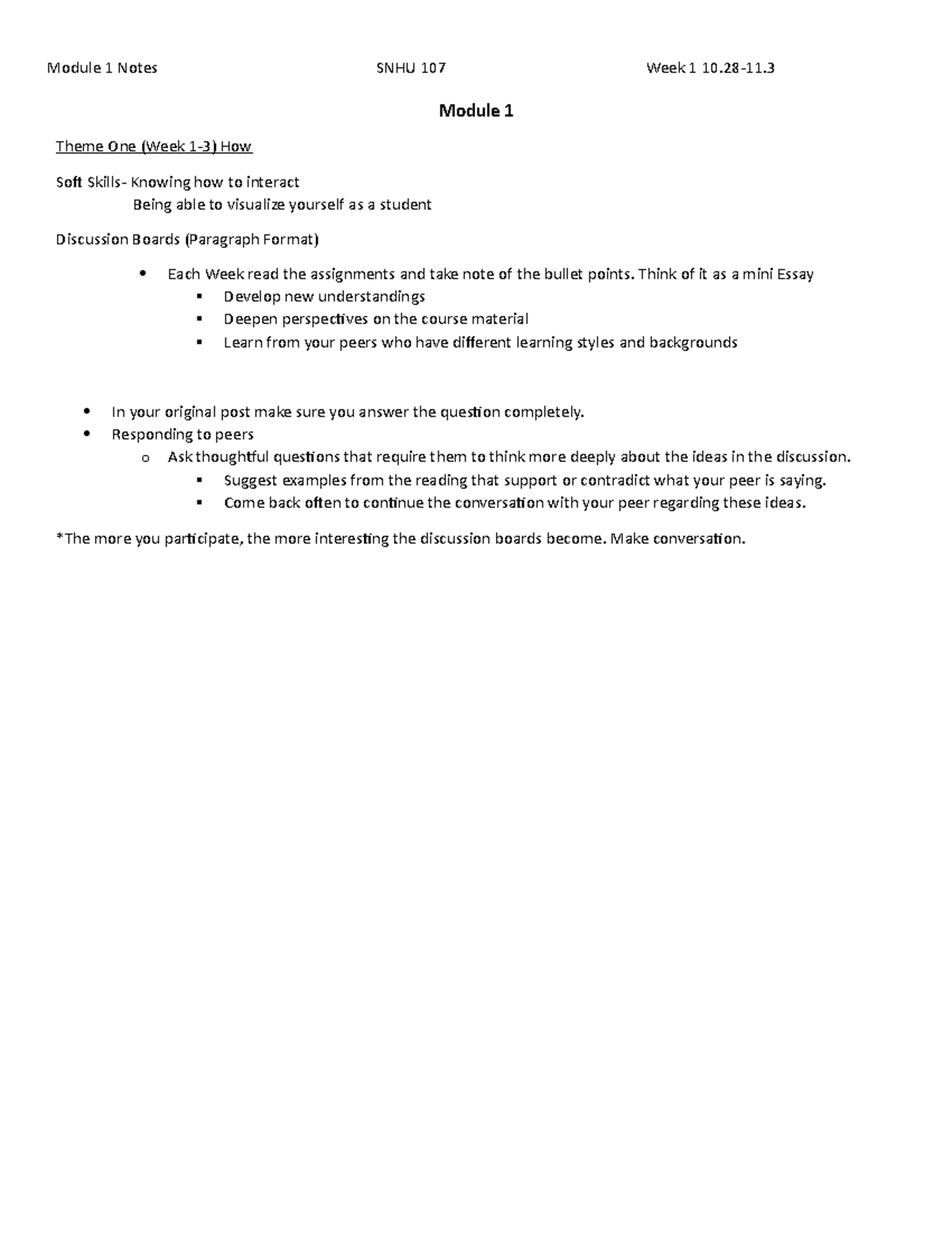 Week 1 Notes Module 1 - Module 1 Notes SNHU 107 Week 1 10-11. Module 1 ...