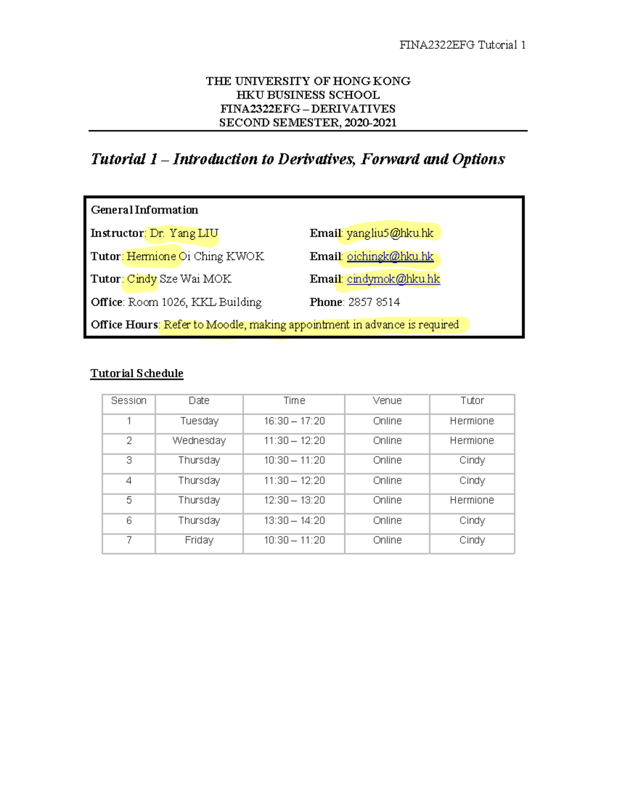 FINA2322 Tutorial 1 solution - THE UNIVERSITY OF HONG KONG HKU BUSINESS ...