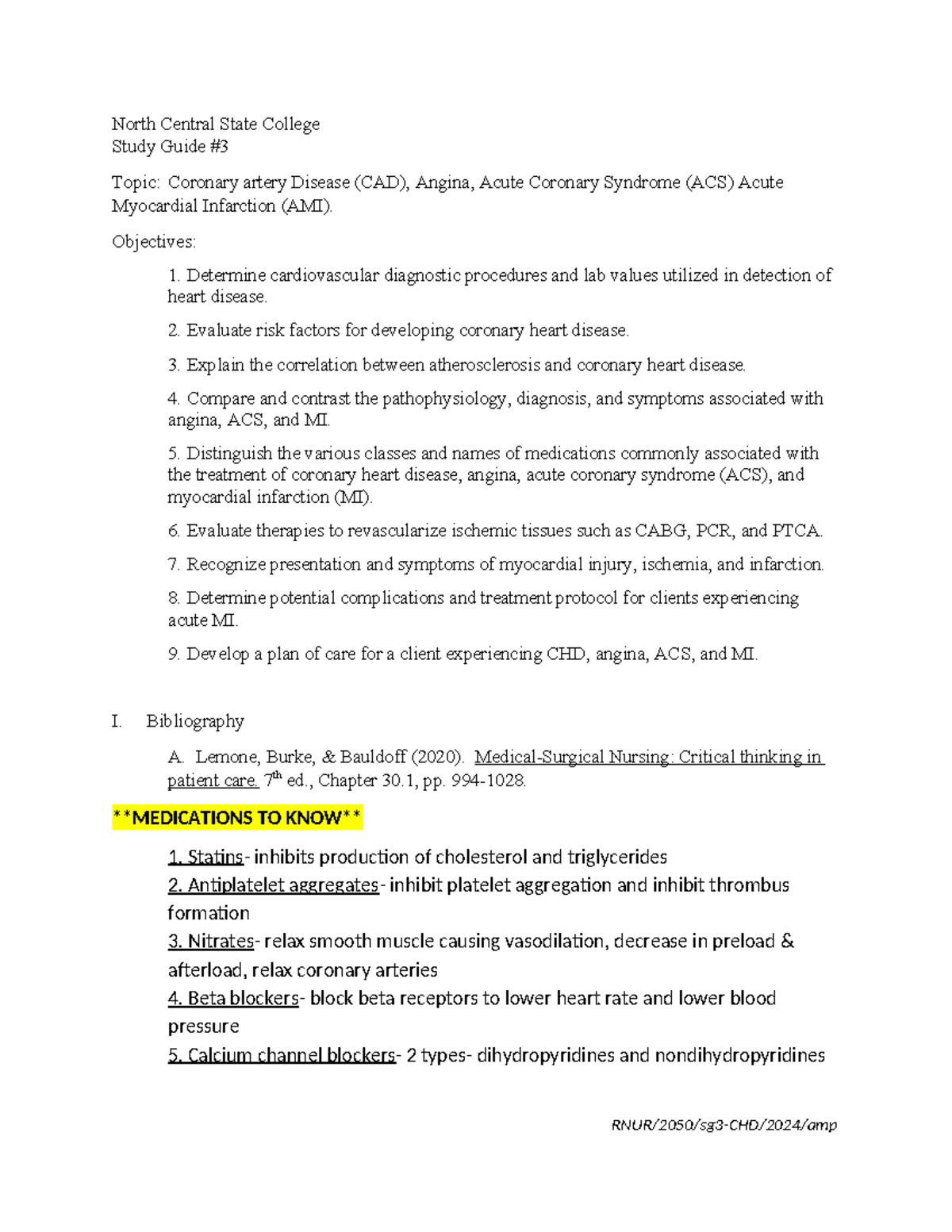 RNUR 2050 SG #3 CHD - Study guide outline for CHF and cardiac ...