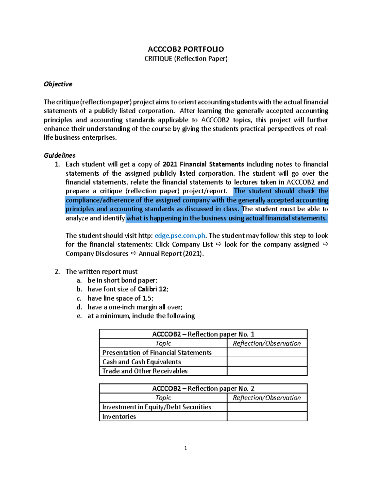 Acccob 2 reflection paper guidelines AY2022-2023 - 1 ACCCOB2 PORTFOLIO ...