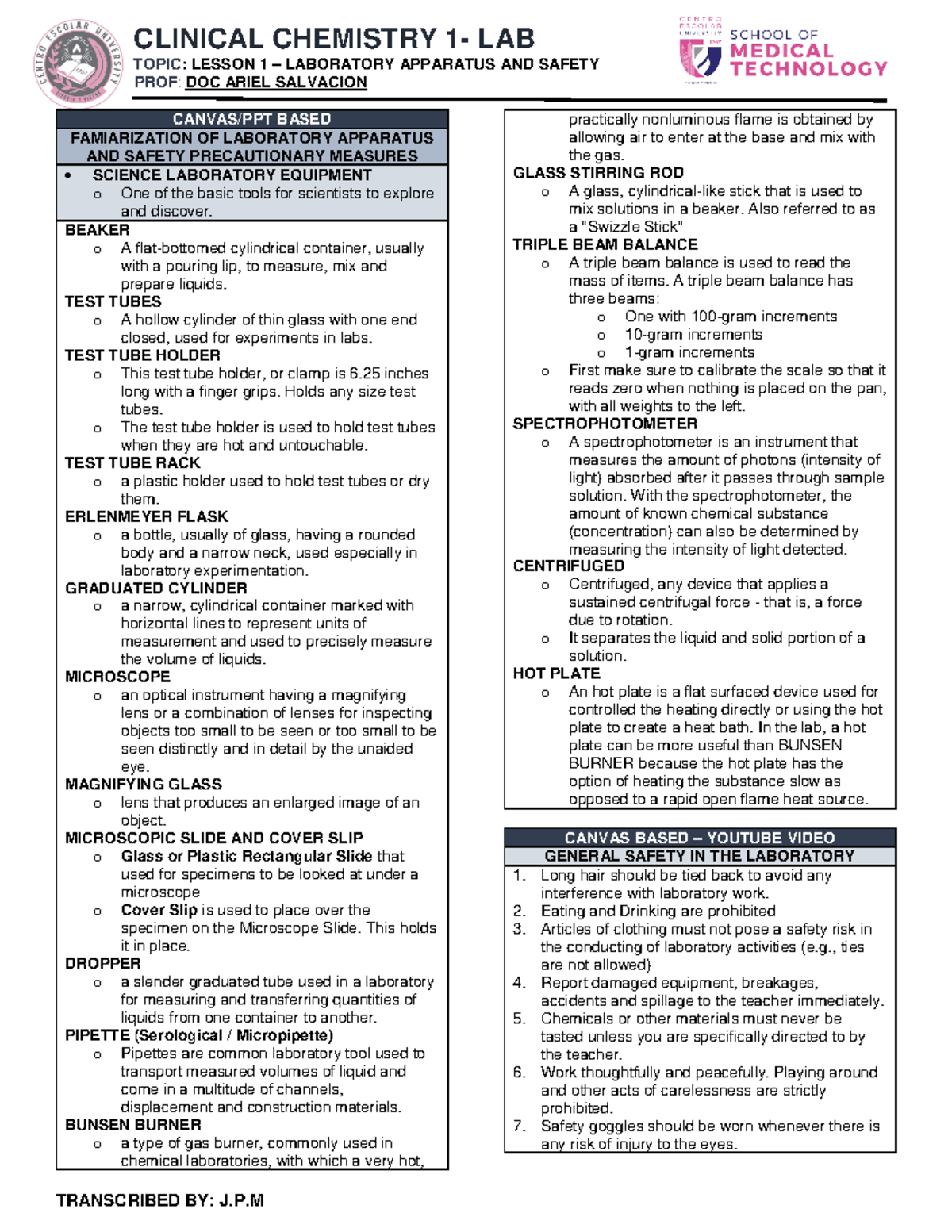 CC LAB Prelims - TOPIC: LESSON 1 – LABORATORY APPARATUS AND SAFETY PROF: DOC ARIEL SALVACION ...