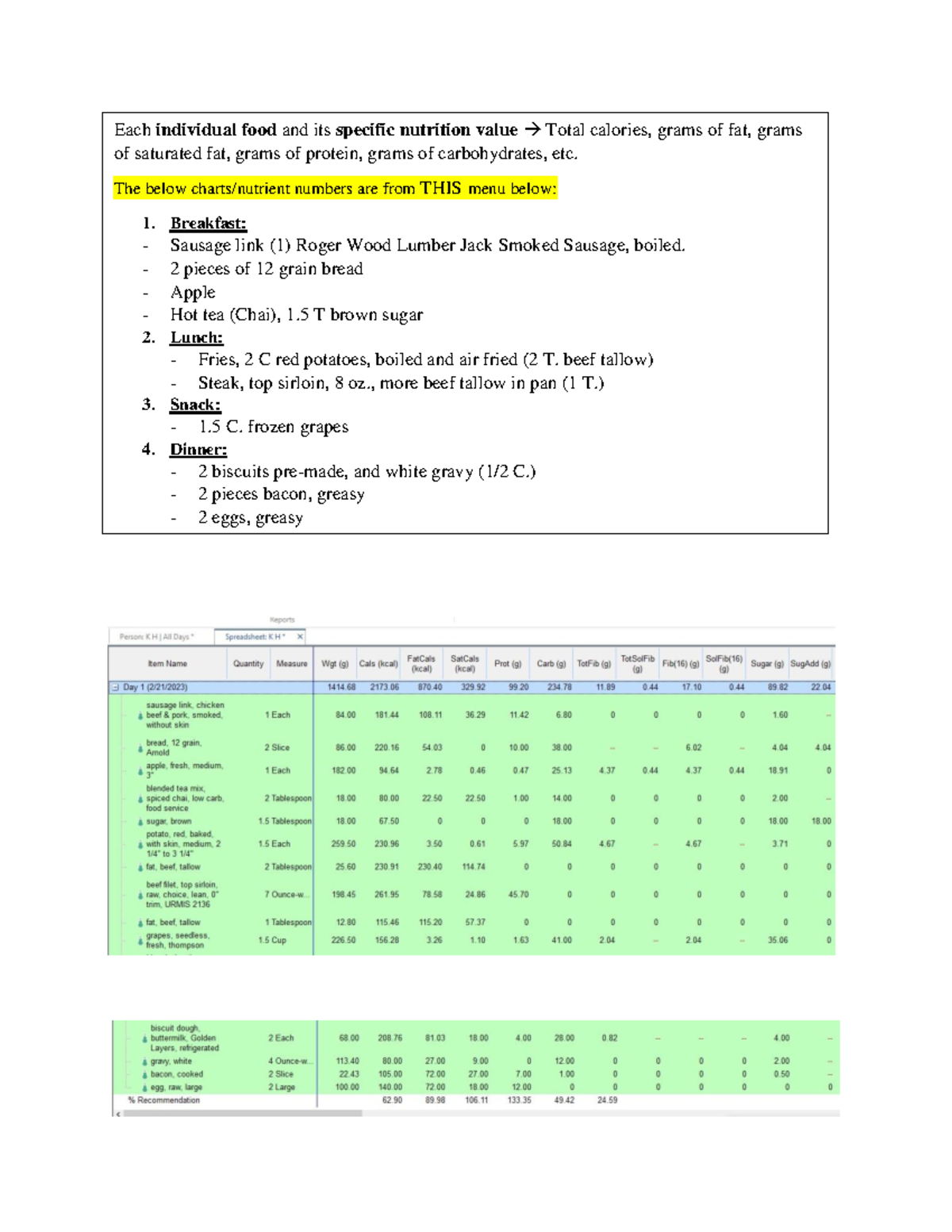KH Diet Report Recall - Each individual food and its specific nutrition ...