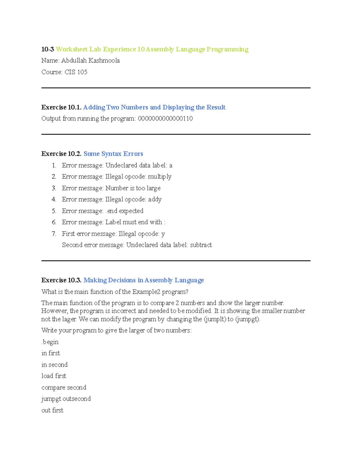 CIS105 Experments and homework - 10-3 Worksheet Lab Experience 10 ...