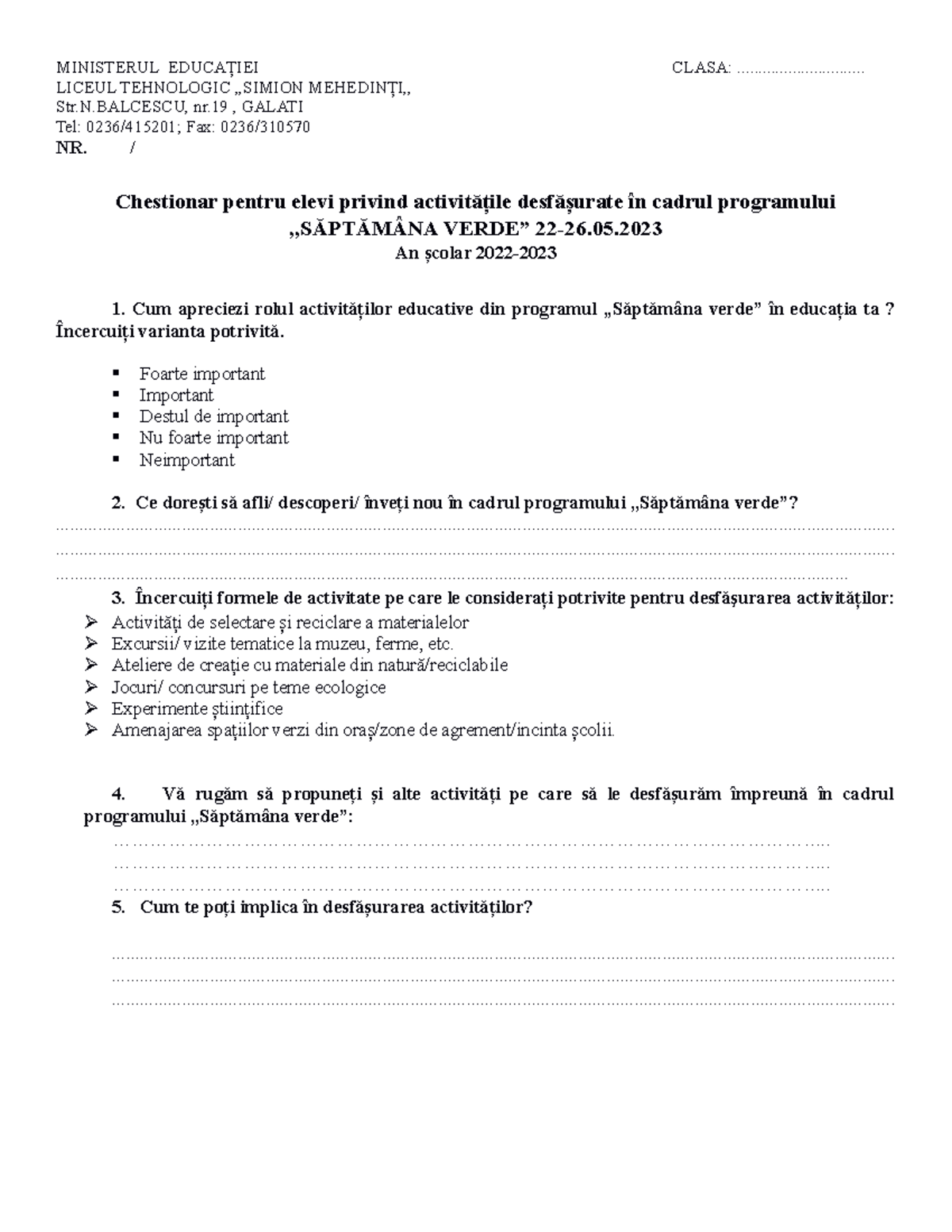 Chestionar saptamana verde - MINISTERUL EDUCAŢIEI CLASA ...