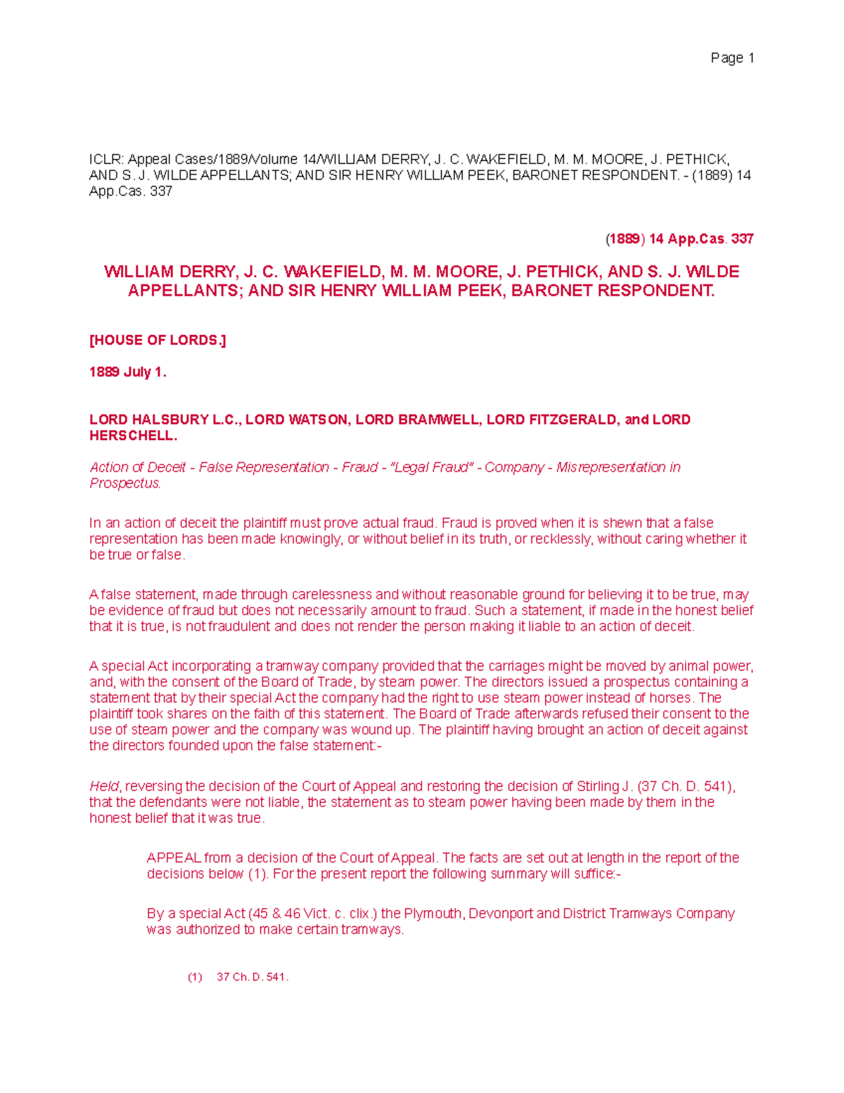 William Derry, J. C. Wakefield, M - ICLR: Appeal Cases/1889/Volume 14 ...