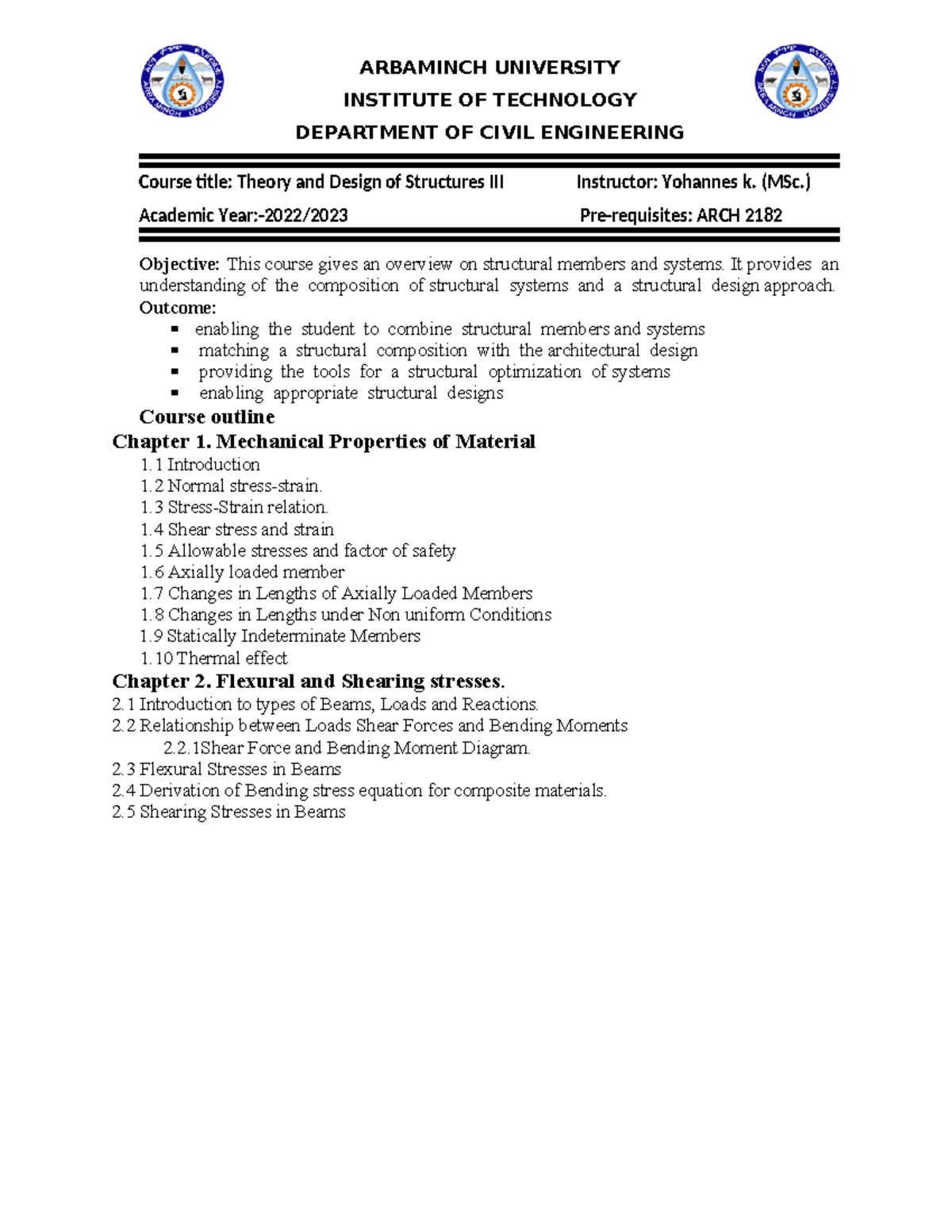 Course title,theory of structure 3 - ARBAMINCH UNIVERSITY INSTITUTE OF ...