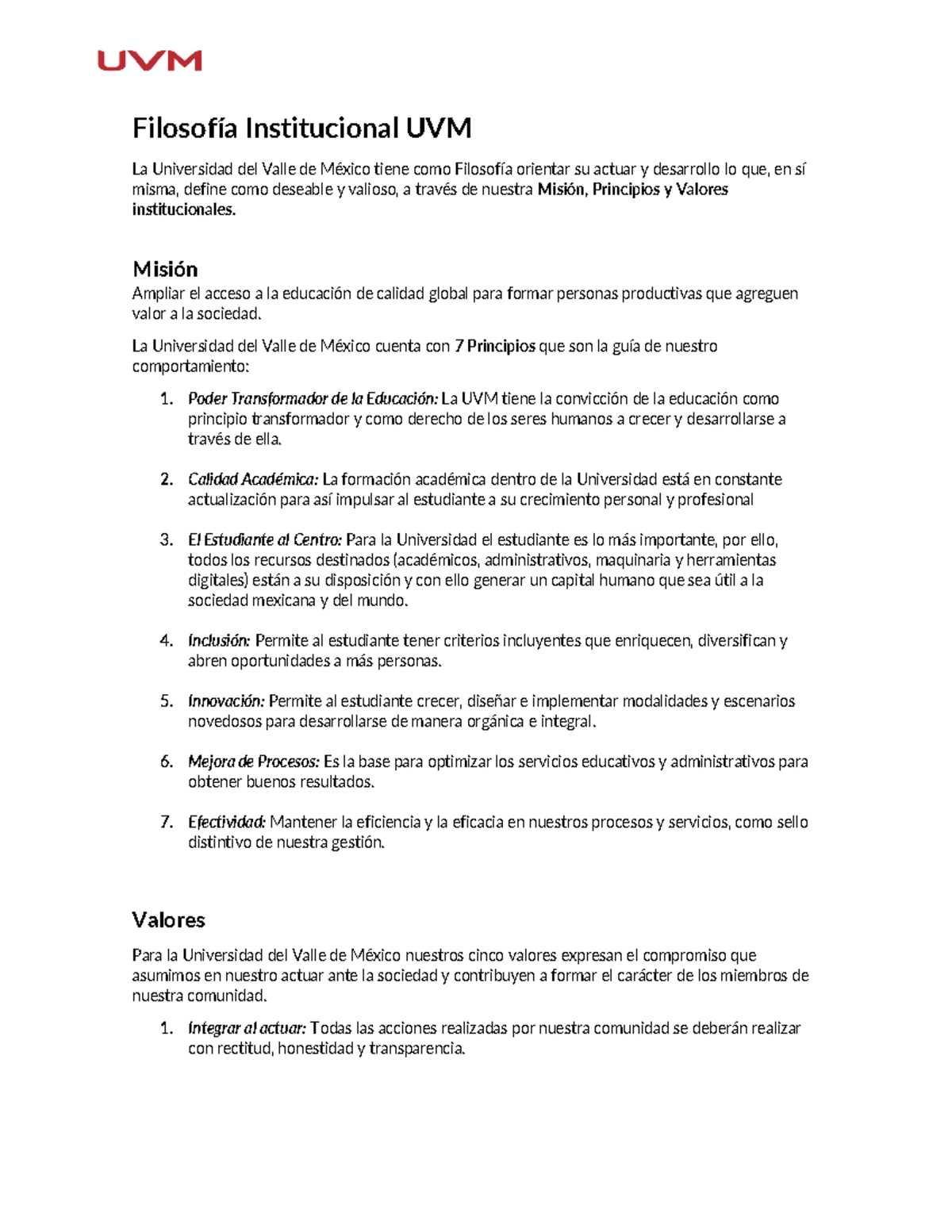 Filosofía Institucional UVM - Filosofía Institucional UVM La ...