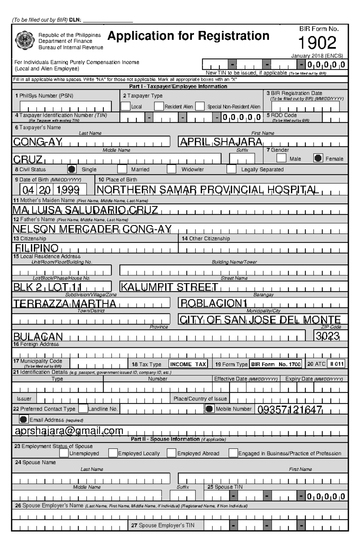 BIR FORM 1902 - ZASXaA - (To be filled out by BIR) DLN ...