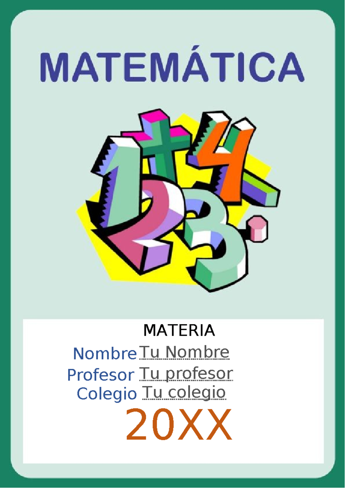 Caratula de Matemáticas en word - Matematica I - Nombre MATERIA ...
