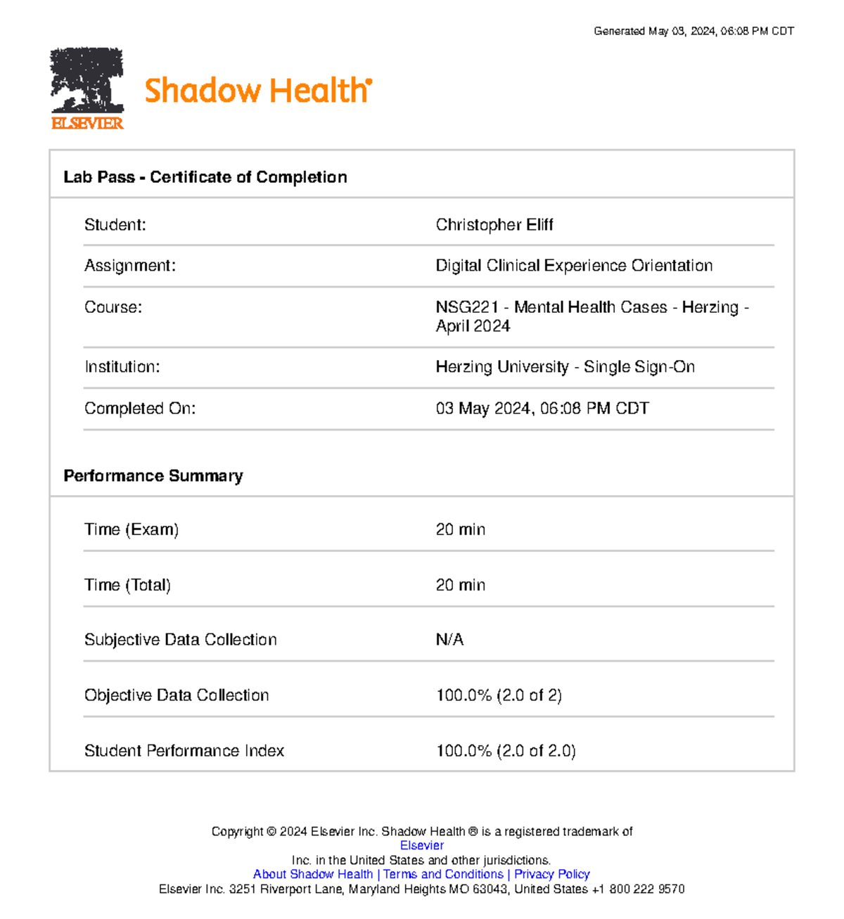 Module 1-Shadow Health DCE - Generated May 03, 2024, 06:08 PM CDT Lab ...