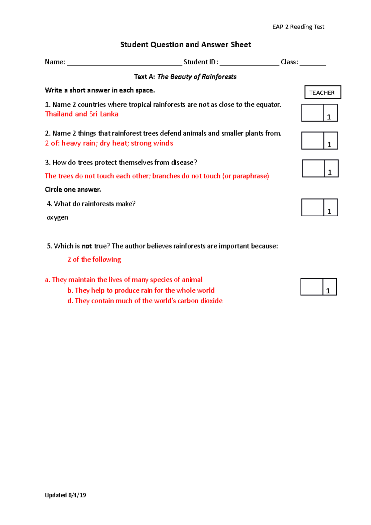 Reading Test 3 Answer Eap 2 Reading Test Student Question And Answer
