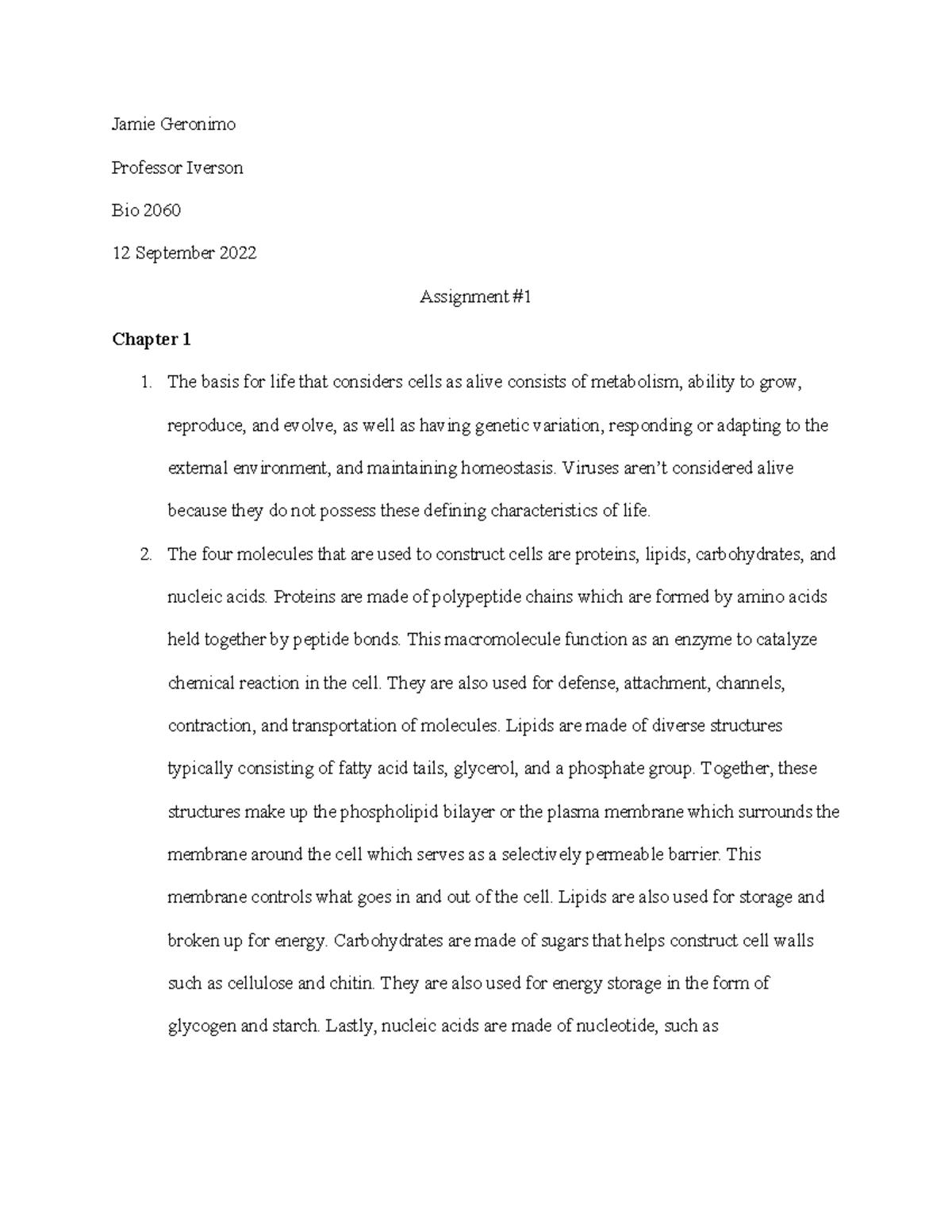 Bio 2060 Assignment 1 - Jamie Geronimo Professor Iverson Bio 2060 12 ...