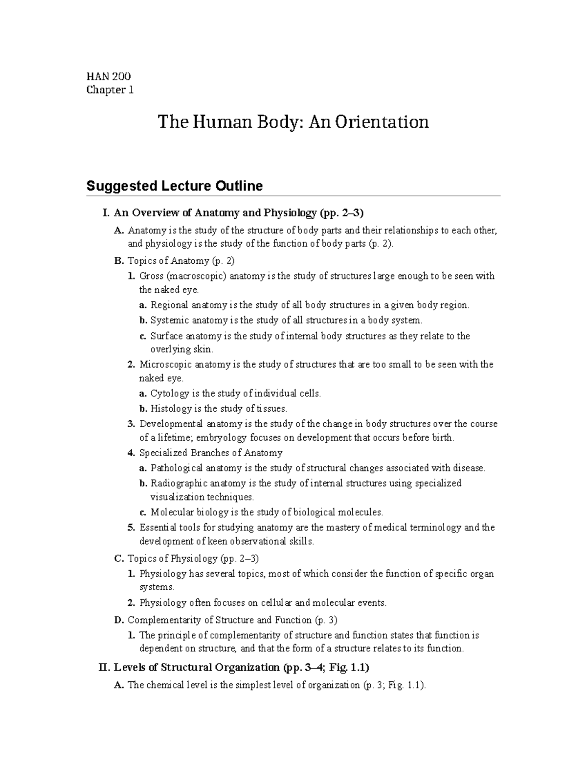 Ch 1 Outline HAN 200 - Tagged - HAN 200 Chapter 1 The Human Body: An ...