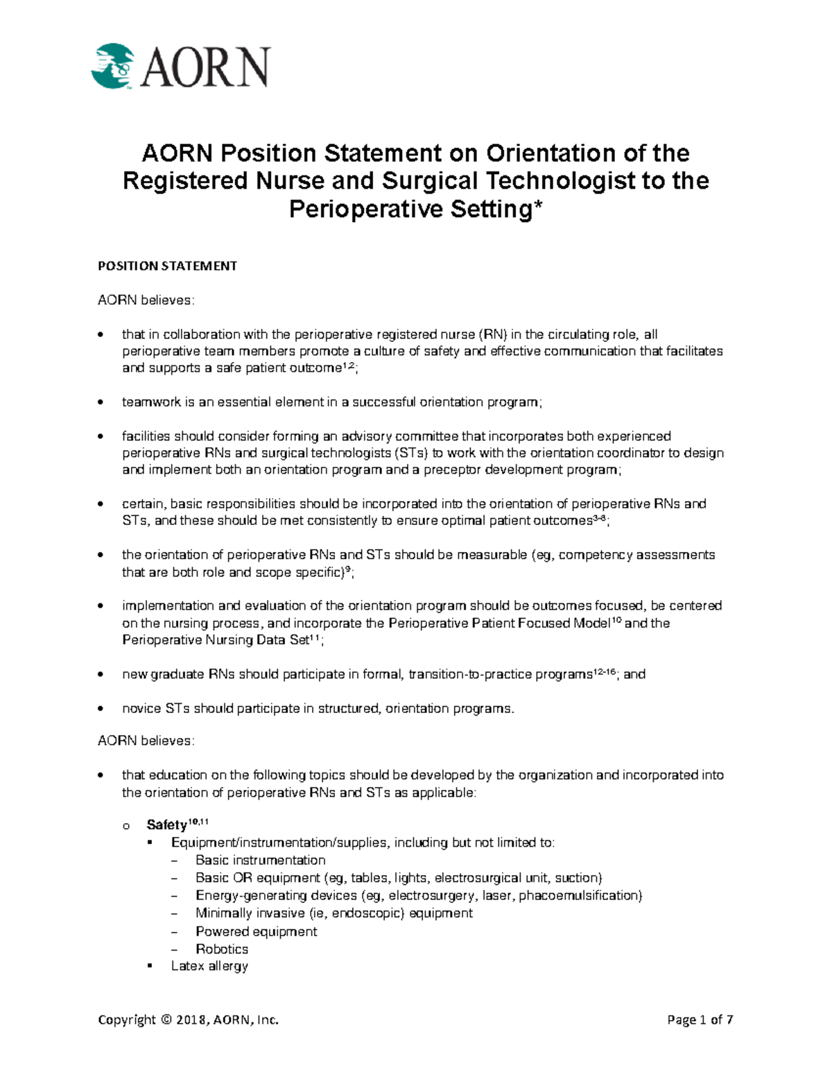 Orientation of the RN and Certified Surg Tech - AORN Position Statement ...