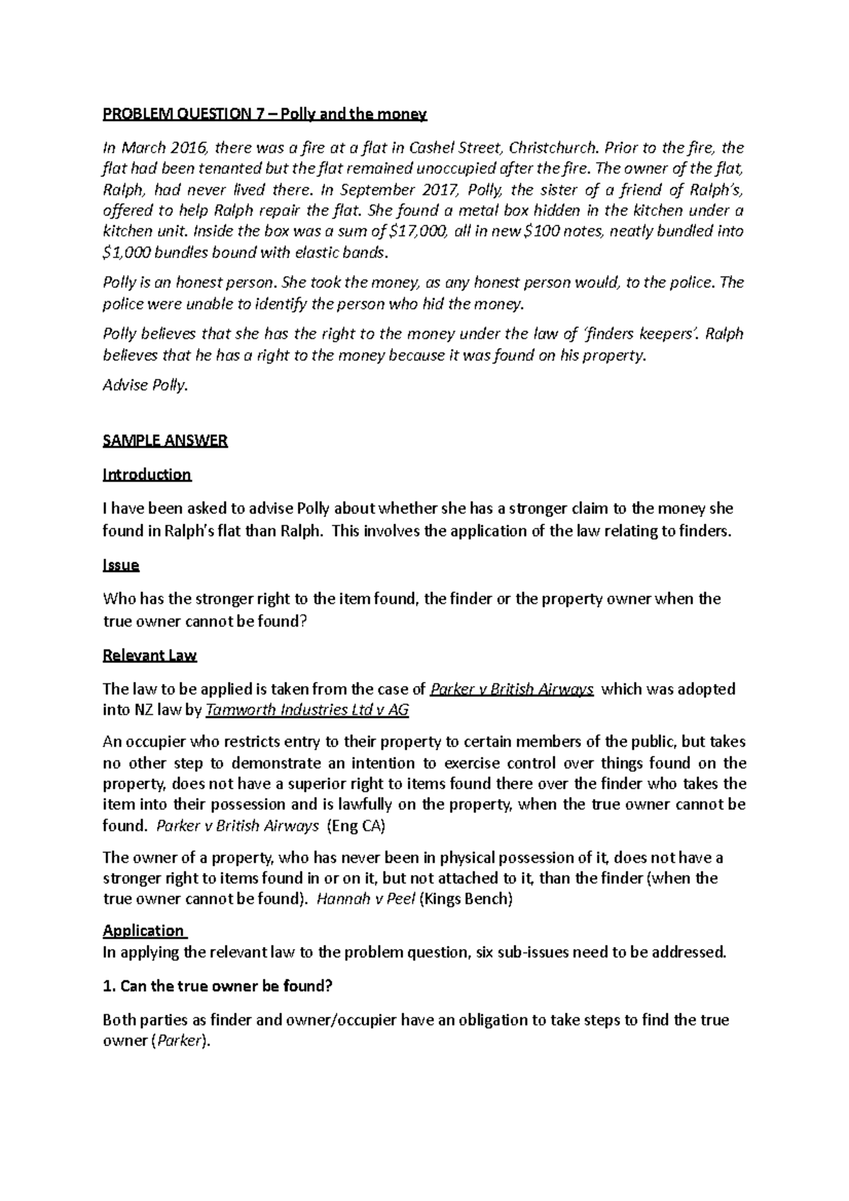 Polly Problem Question 7 Word - Legal System: Legal Method and ...
