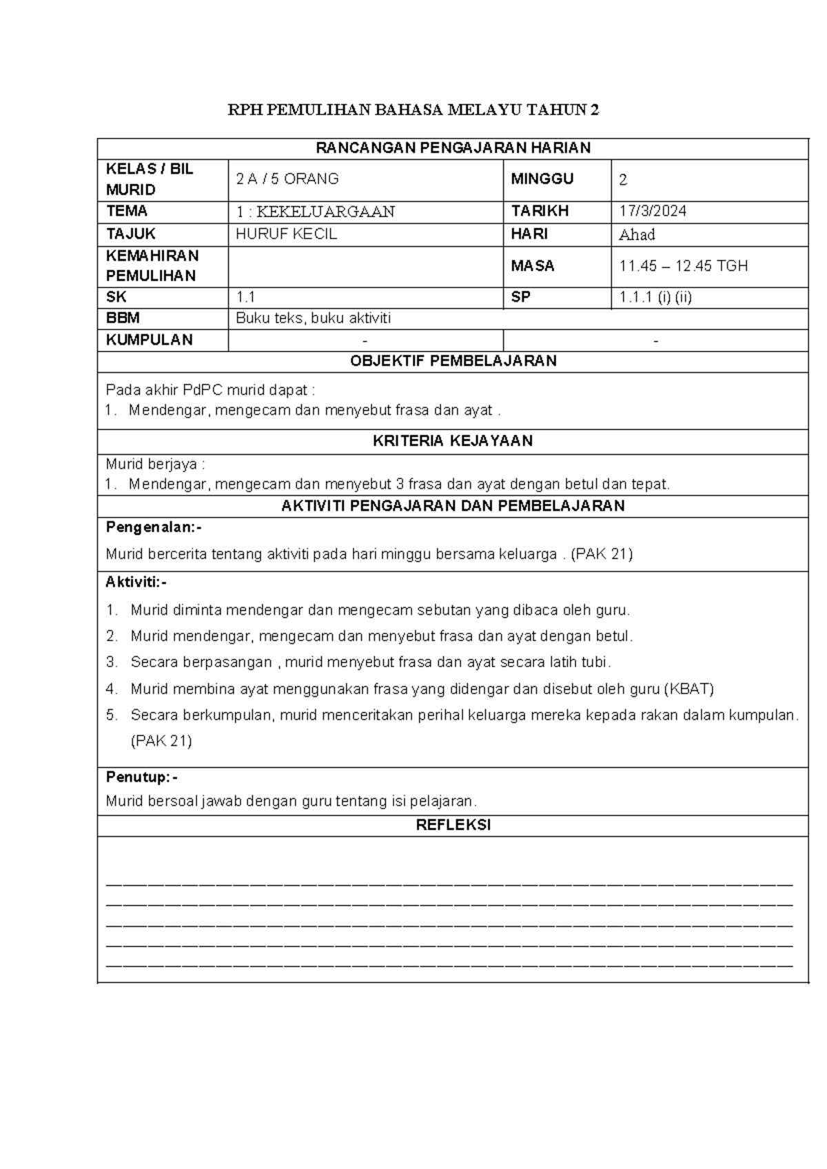 Contoh, RPH Bahasa Melayu Tahun 2 2024 - RPH PEMULIHAN BAHASA MELAYU TAHUN 2 RANCANGAN ...
