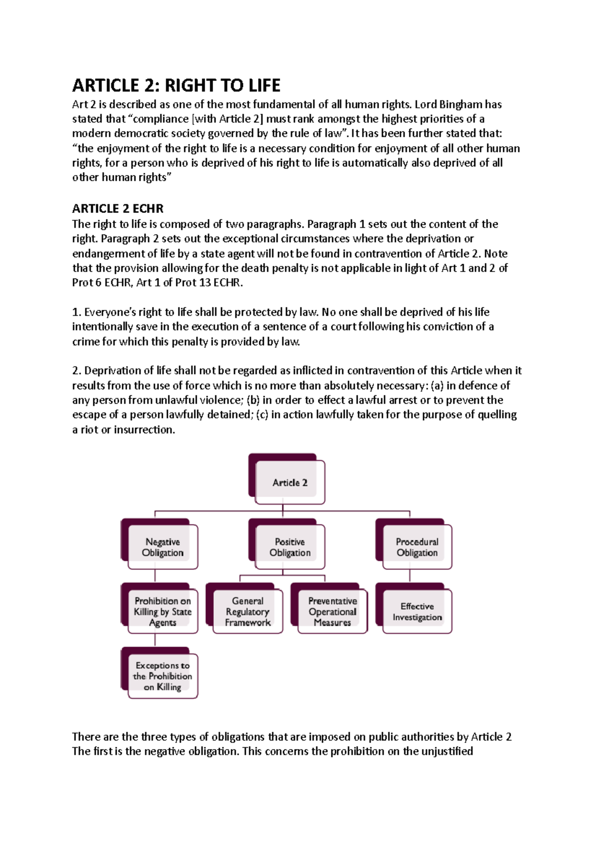 Article 2 Lectures - Lecture notes WEEK 4 - ARTICLE 2: RIGHT TO LIFE ...