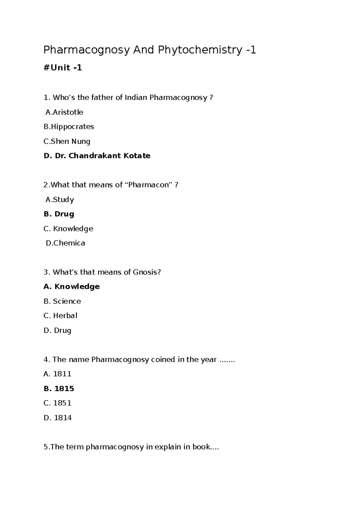 Pharmacognosy MCQ - Phamacognisy notes - Pharmacognosy And ...