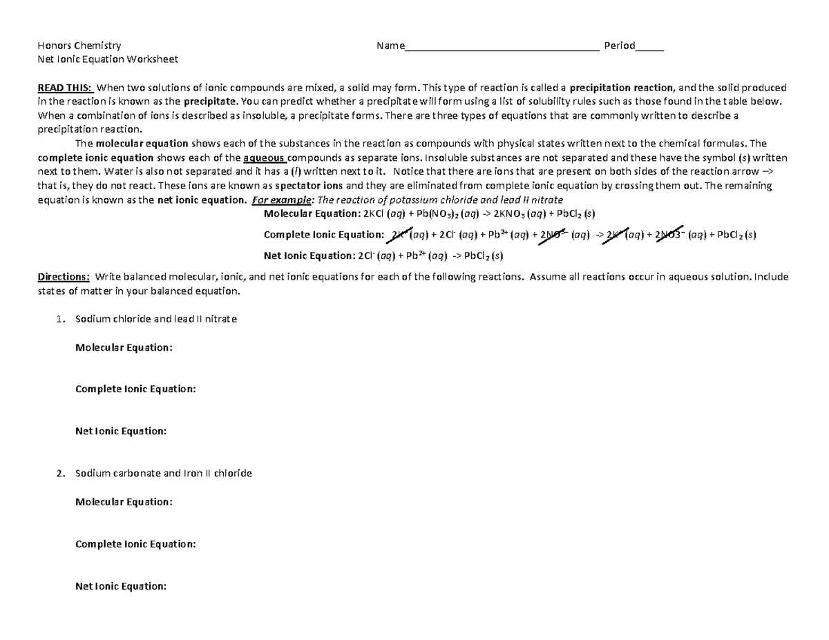 Net Ionic Equations This Worksheet Is Very Good For Practicing And