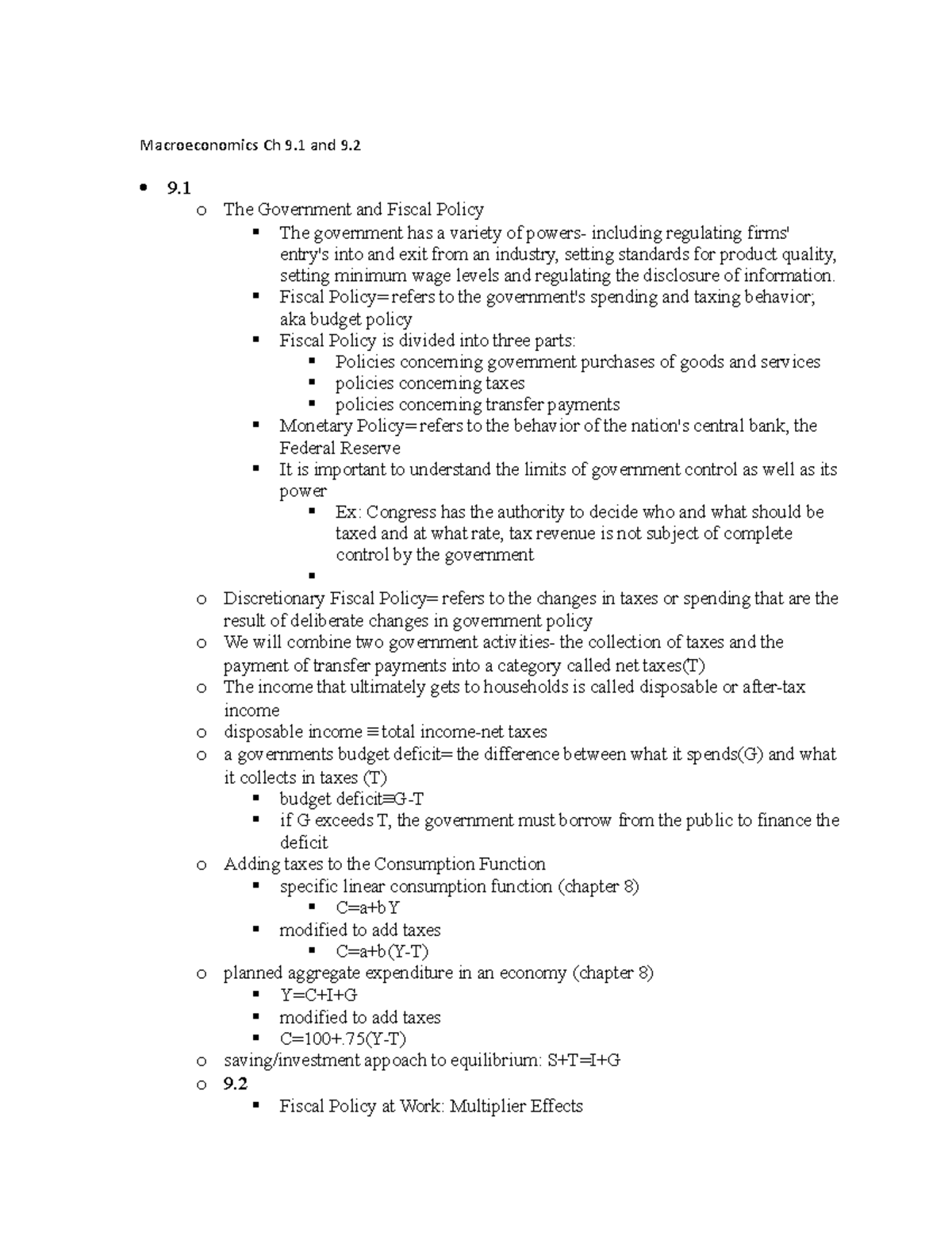 Macroeconomics Ch 9 - 9. o The Government and Fiscal Policy The ...