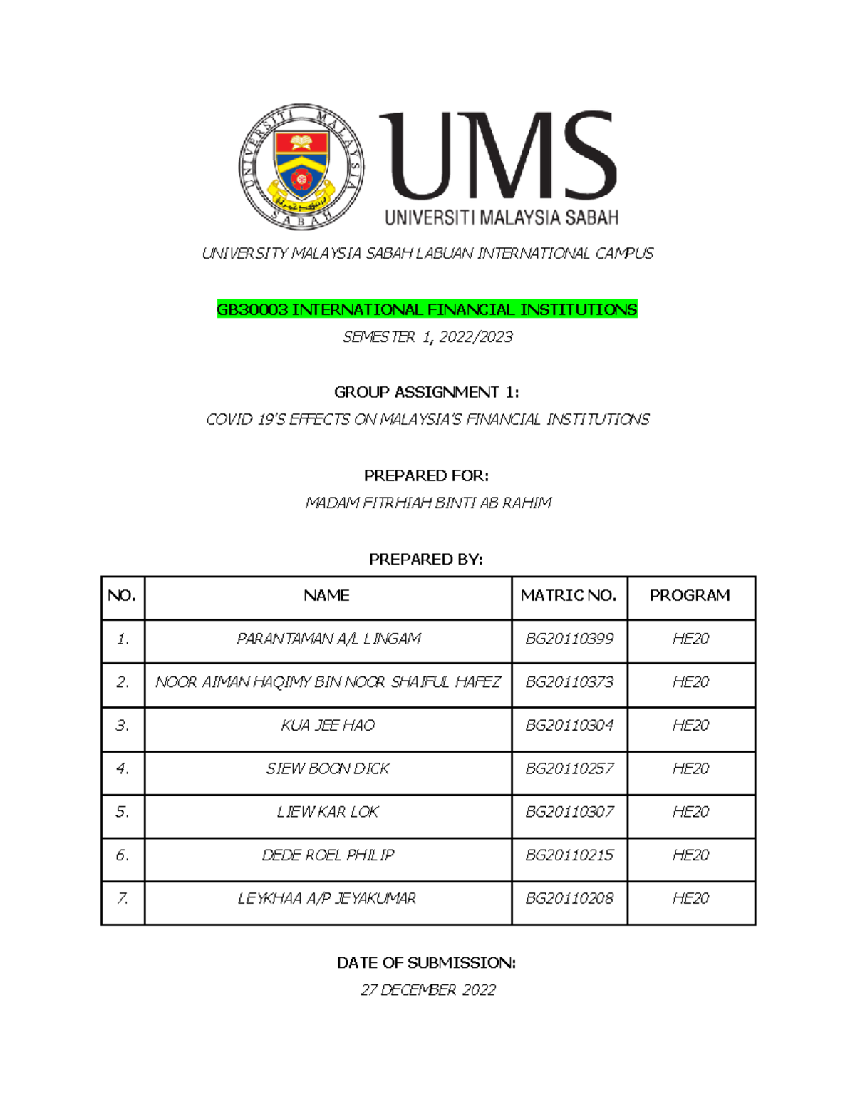 GB30003 International Financial Institutions - UNIVERSITY MALAYSIA ...