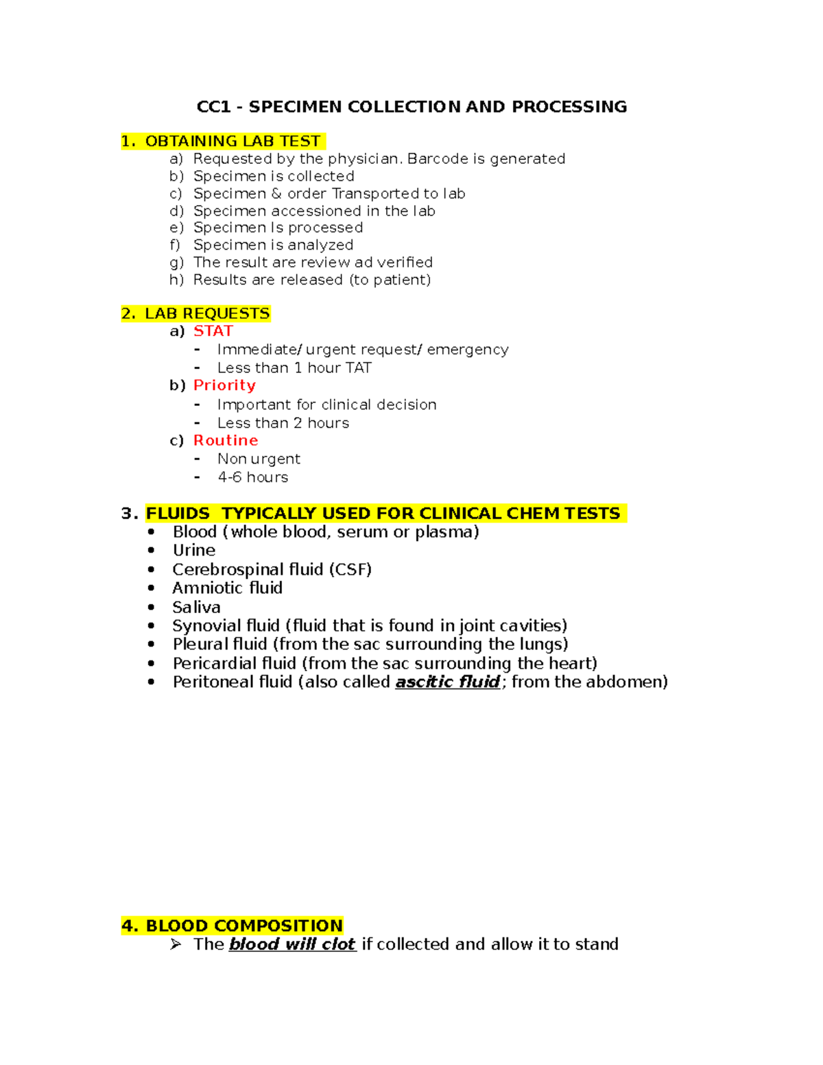 CC1 - specimen collection - CC1 - SPECIMEN COLLECTION AND PROCESSING 1 ...