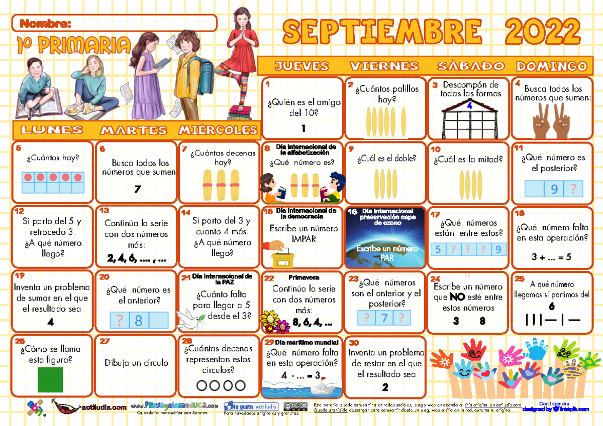 Calendario Septiembre 1o Primaria - SE PTIEMBRE actiludis Con licencia ...