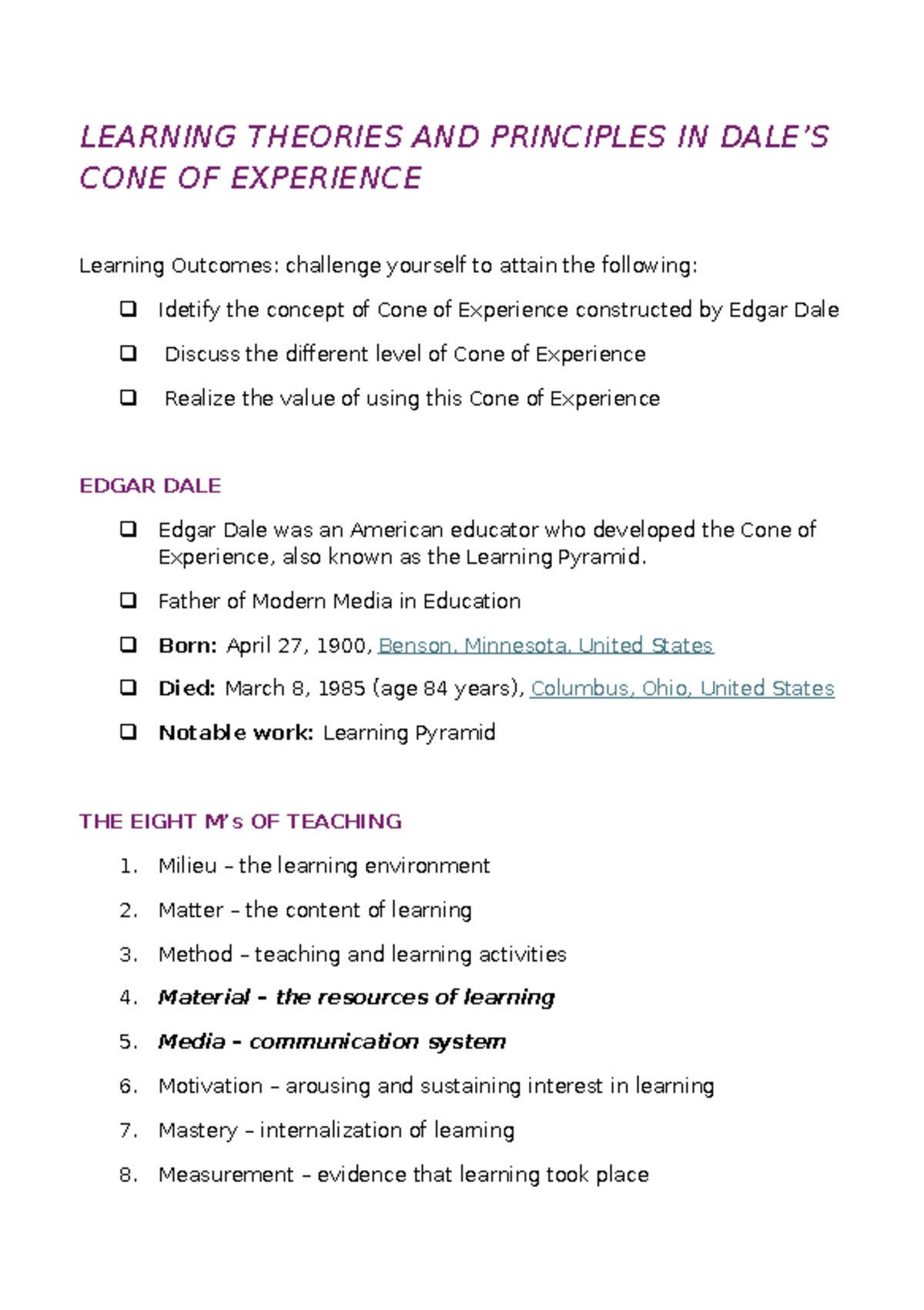 Module 1 teaching and learning - LEARNING THEORIES AND PRINCIPLES IN ...
