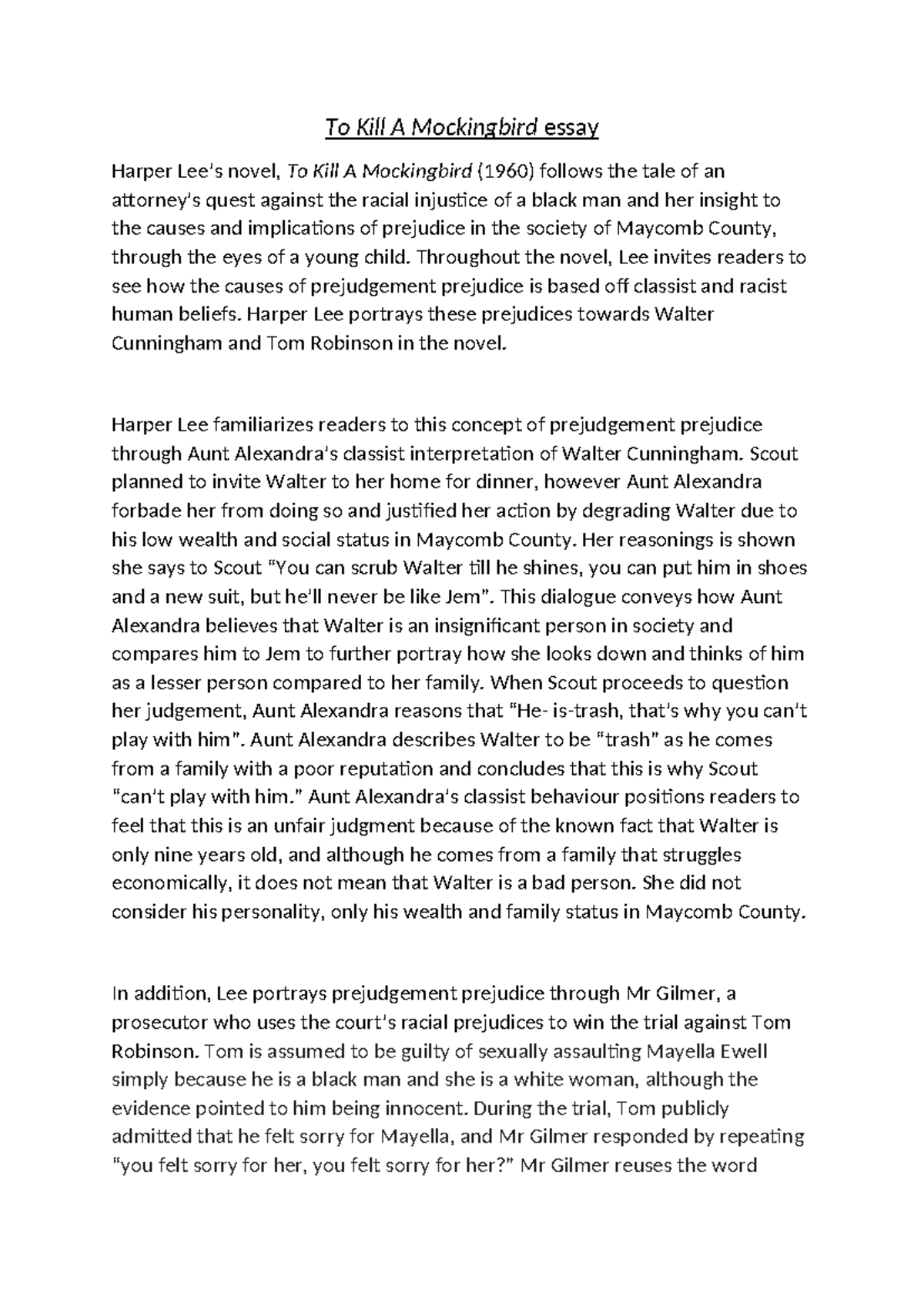 To Kill A Mockingbird essay - To Kill A Mockingbird essay Harper Lee’s ...