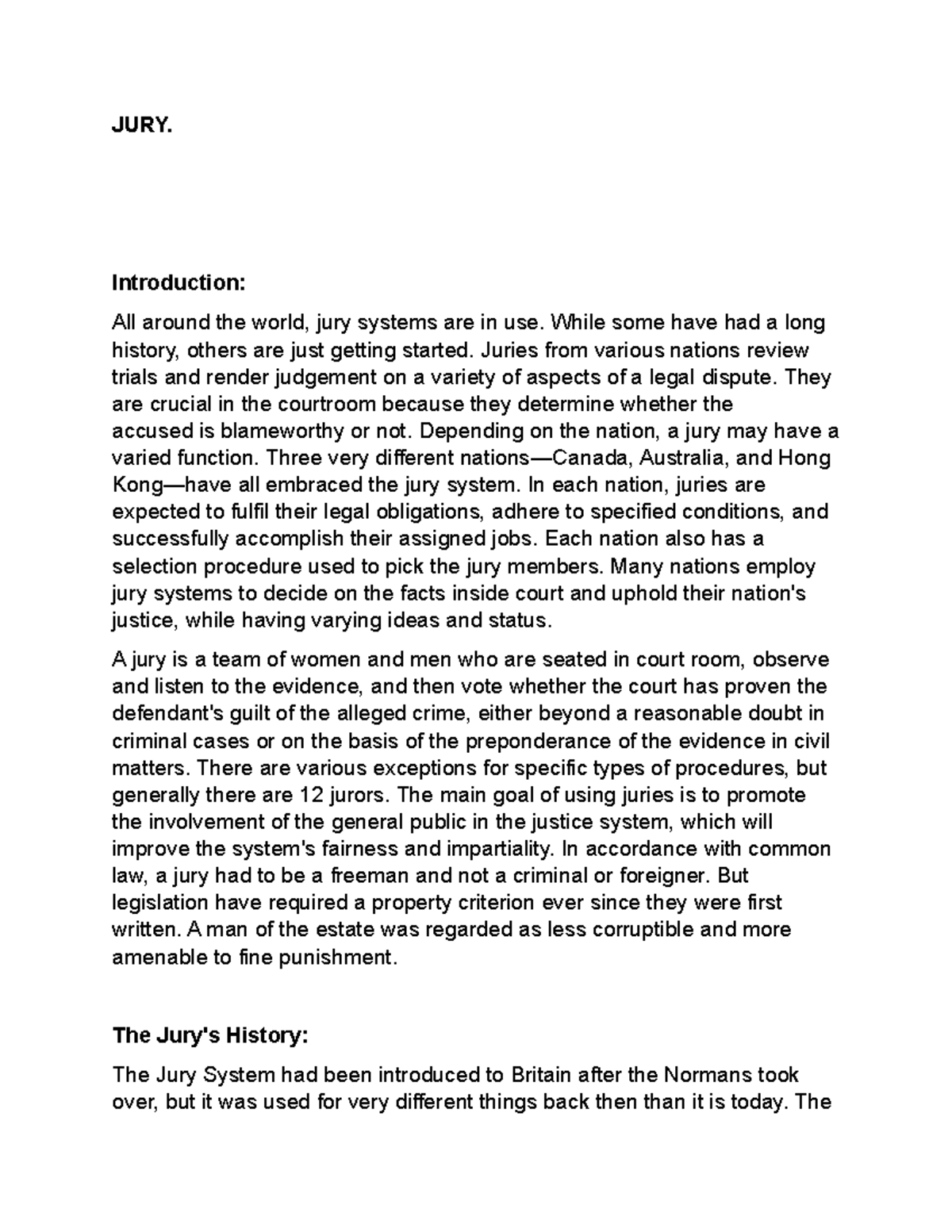 LSM- Jury (general essay) - JURY. Introduction: All around the world ...