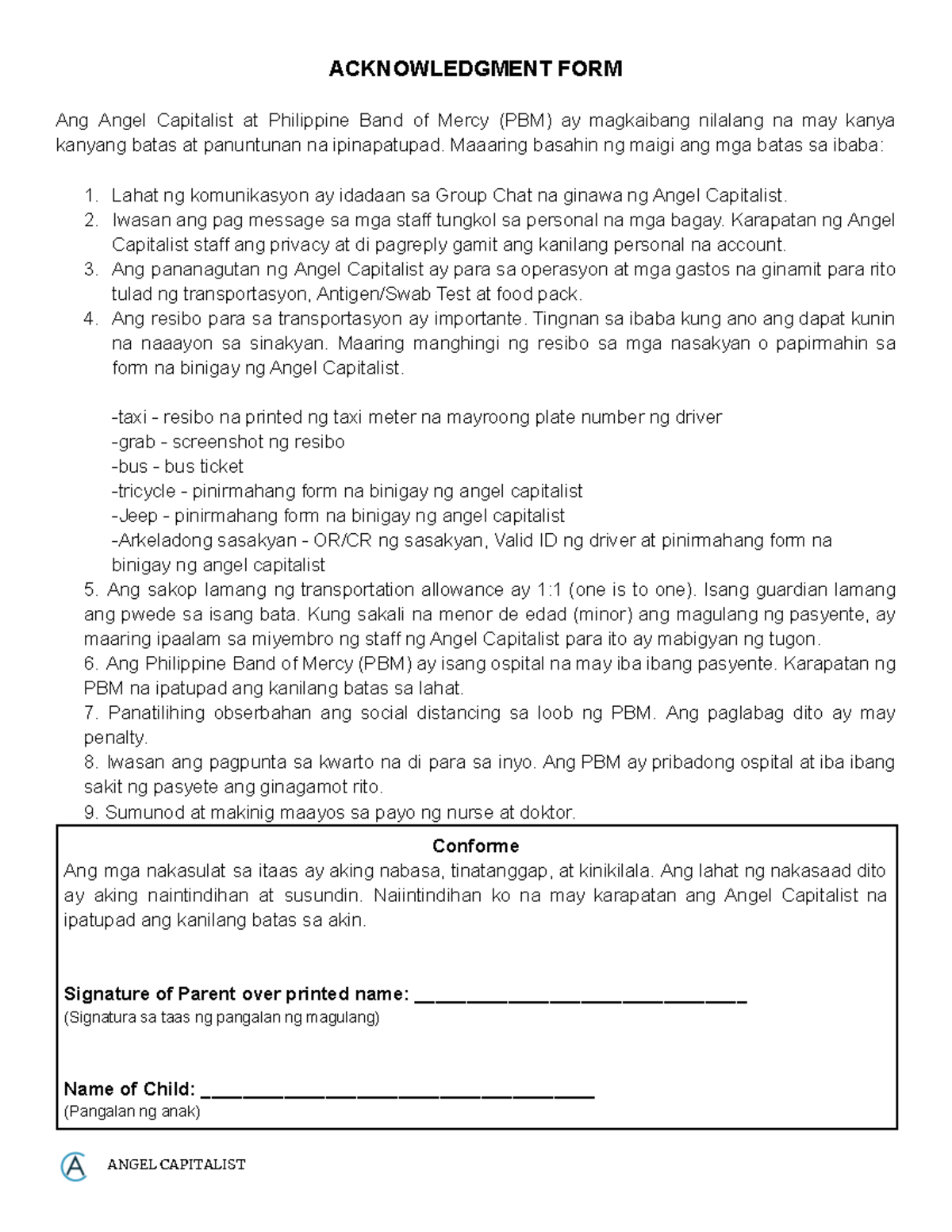 Angel Capitalist forms - ACKNOWLEDGMENT FORM Ang Angel Capitalist at ...