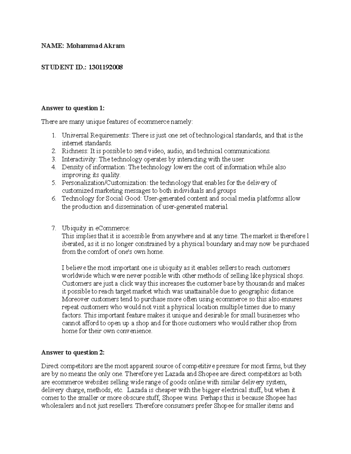 Test - Test for E commerce - NAME: Mohammad Akram STUDENT ID ...