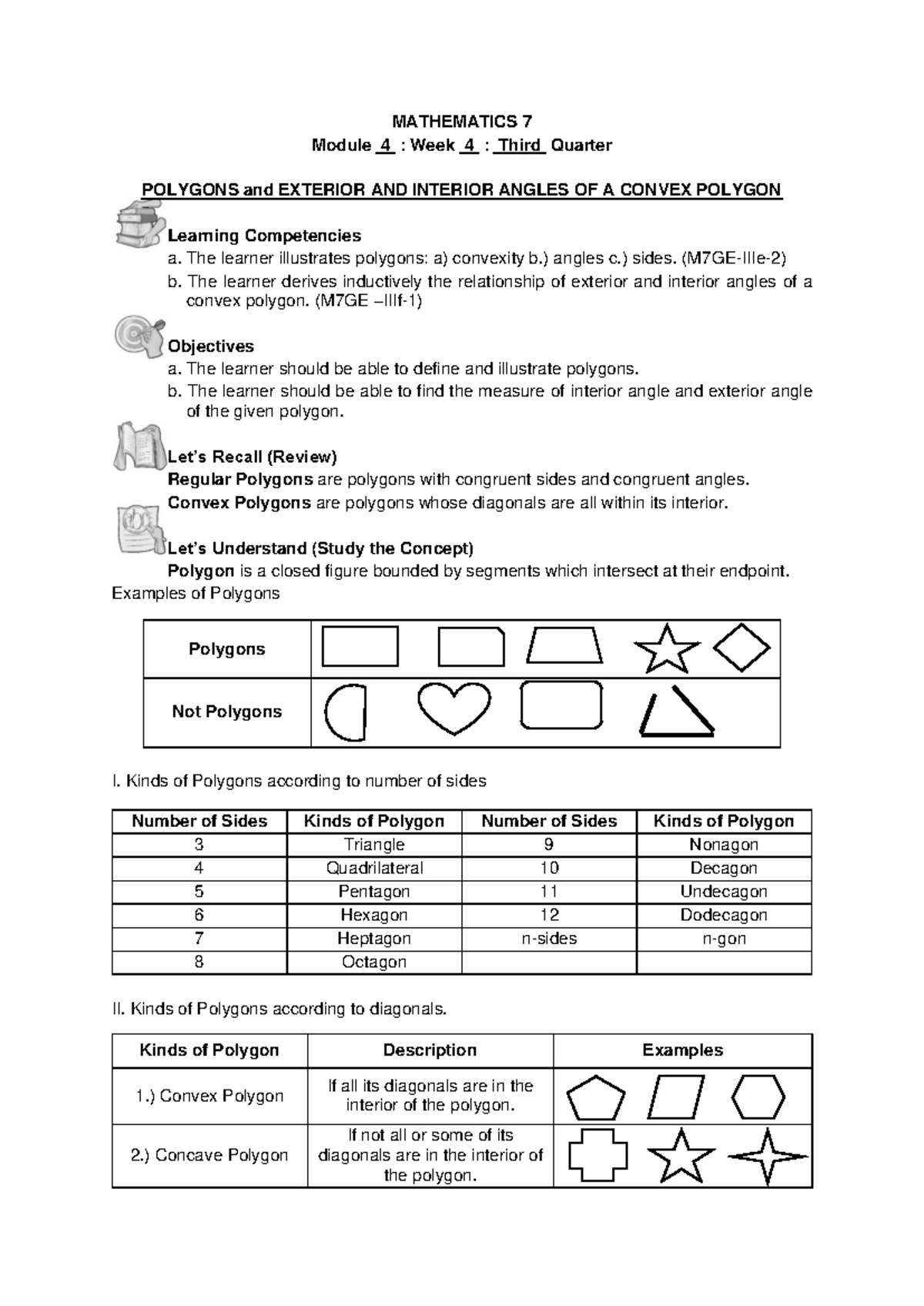 MATH Grade 7 Quarter 3 Module 4 WEEK4 - MATHEMATICS 7 Module 4 : Week 4 : Third Quarter POLYGONS ...
