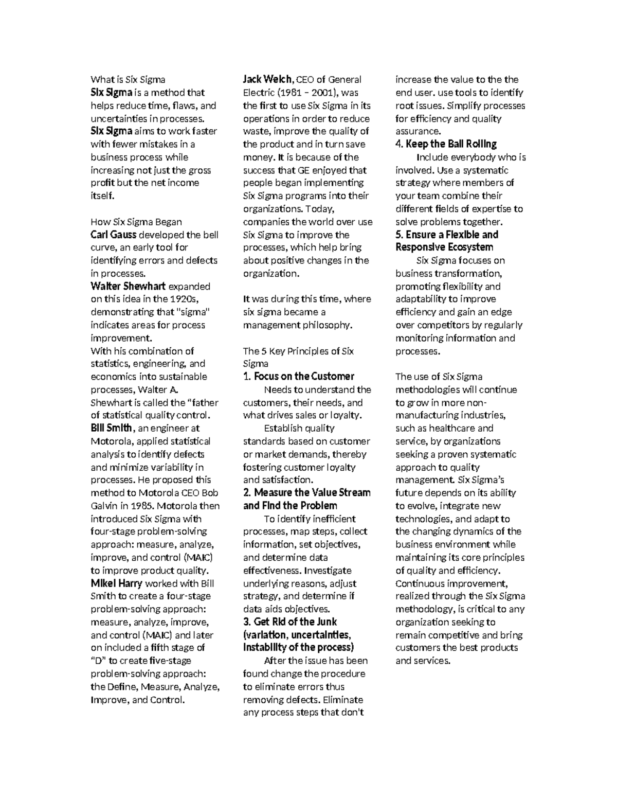 BME notes - Summary Basic Accounting - What is Six Sigma Six Sigma is a ...