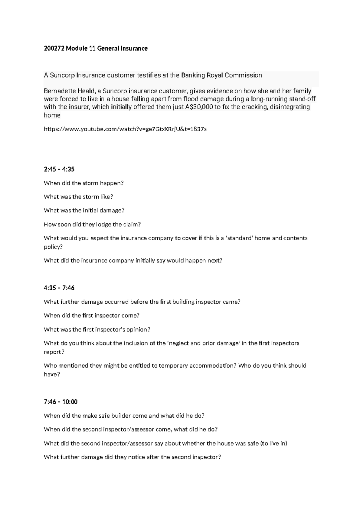 2002 72 M11 Royal Commission Tutorial Worksheet - 200272 Module 11 General Insurance A Suncorp ...