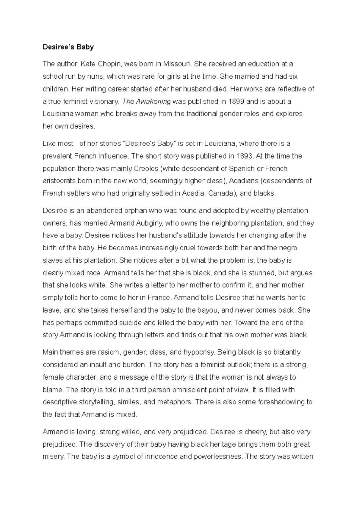 Desiree's Baby - Kort resume - Desiree's Baby - Desiree’s Baby The ...