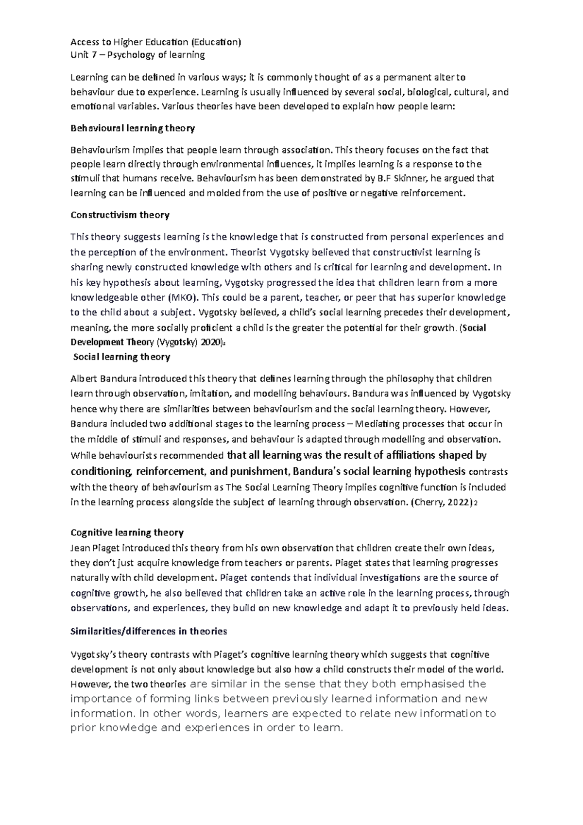 Unit 7 - Psychology of learning - Compare and contrast classical and ...