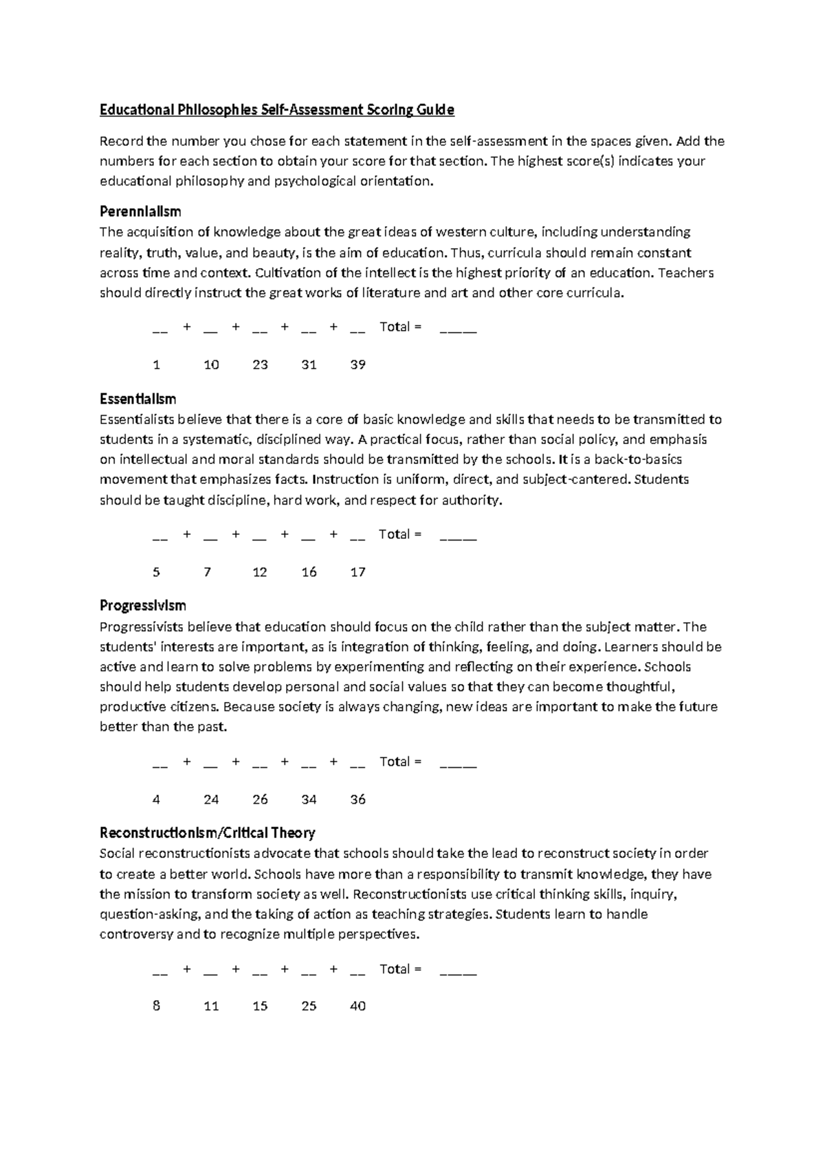 Educational Philosophies Scoring Sheet - Educational Philosophies Self ...
