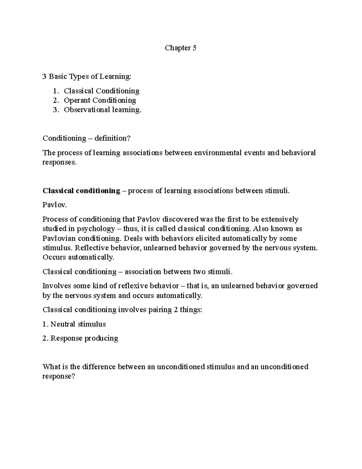 Notes on Chapter 5 - Chapter 5 3 Basic Types of Learning: Classical ...