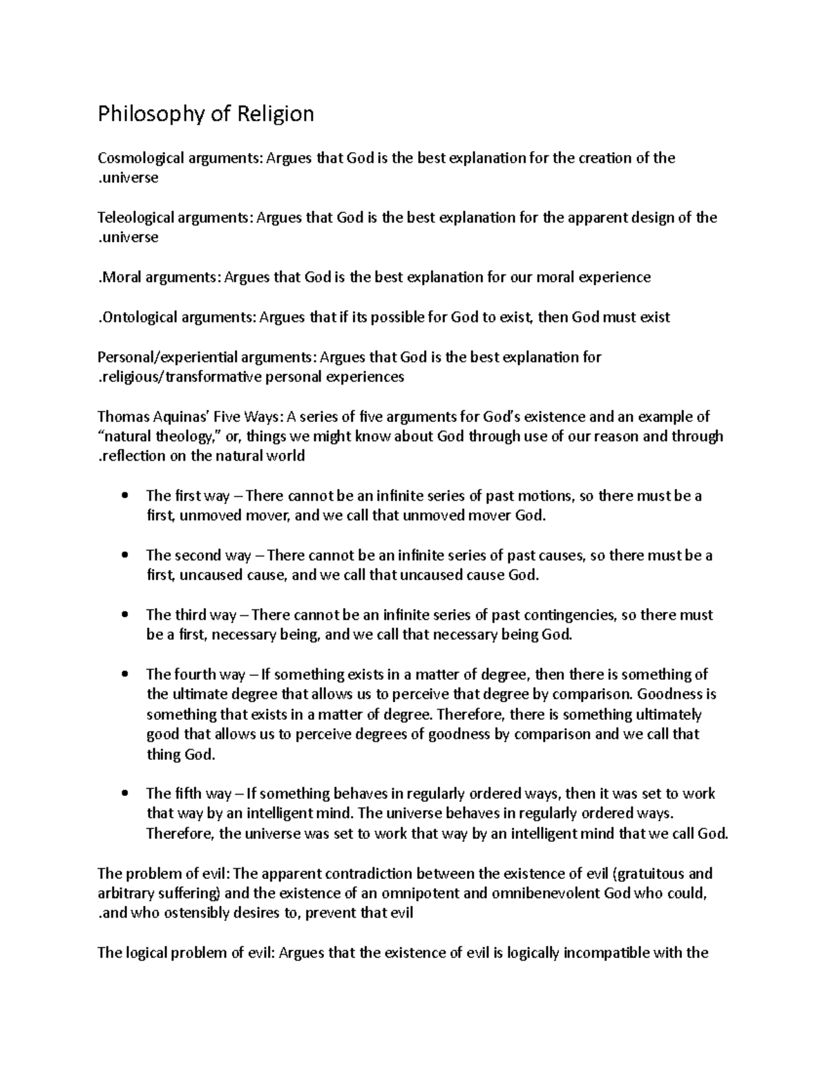 PHI103 S22 Exam 2 Study Guide - Philosophy of Religion Cosmological arguments: Argues that God ...