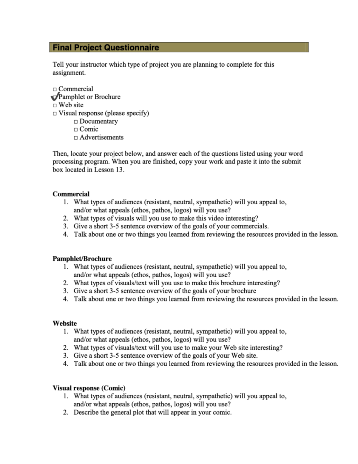 Creative Project Questionnaire - L13 Final Project Questions Updated ...