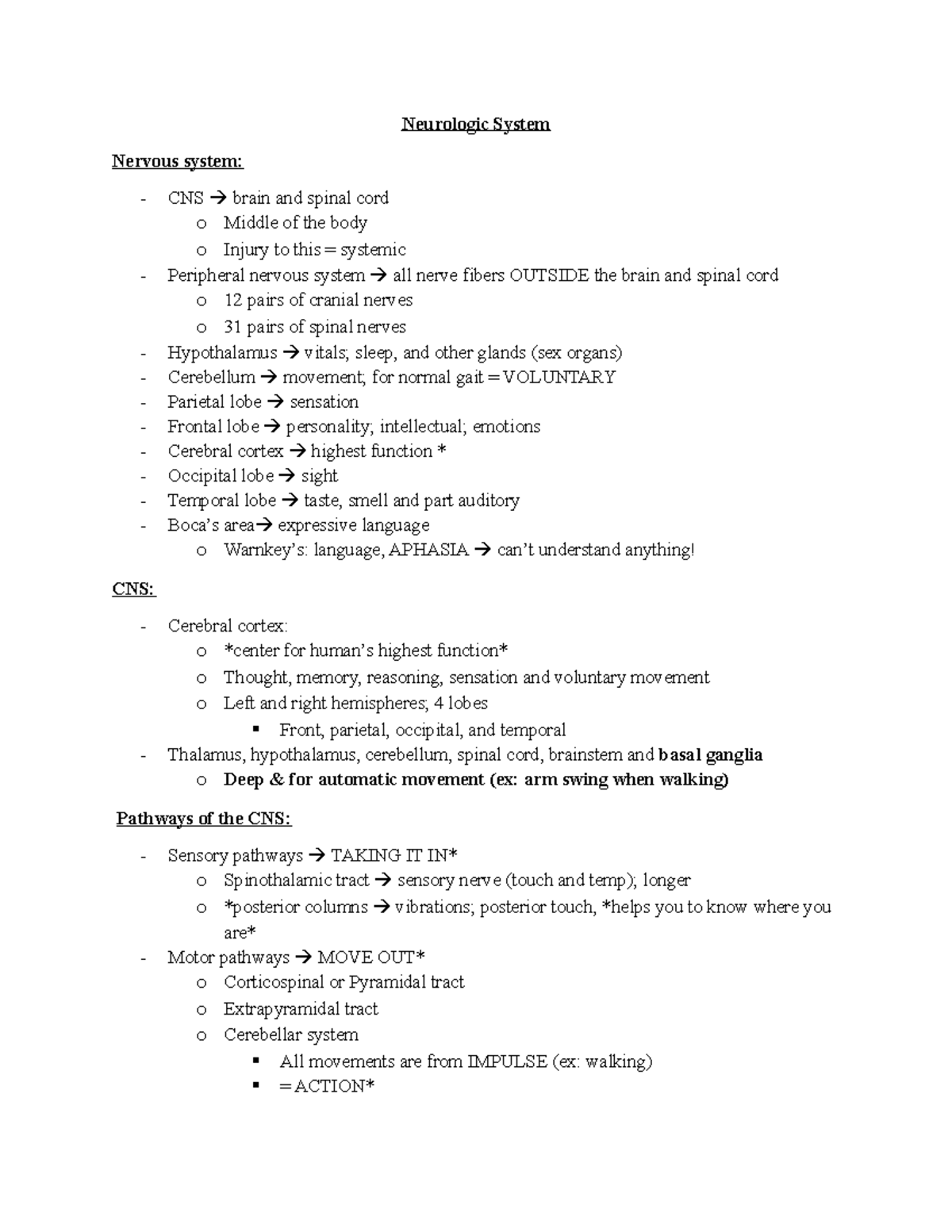 Neurologic System - Lecture notes N/A - Neurologic System Nervous ...